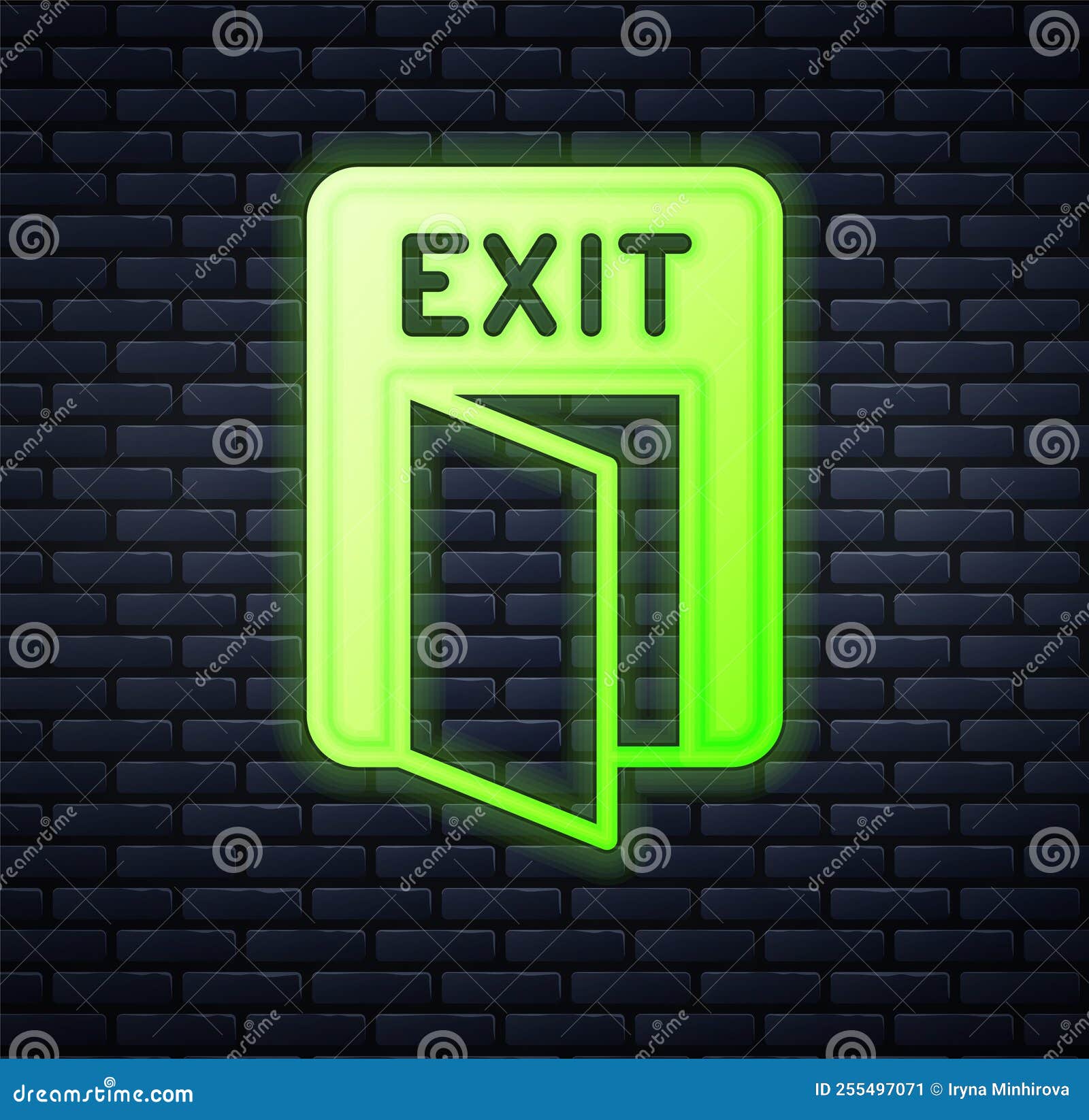 Glowing Neon Fire Exit Icon Isolated on Brick Wall Background. Fire ...