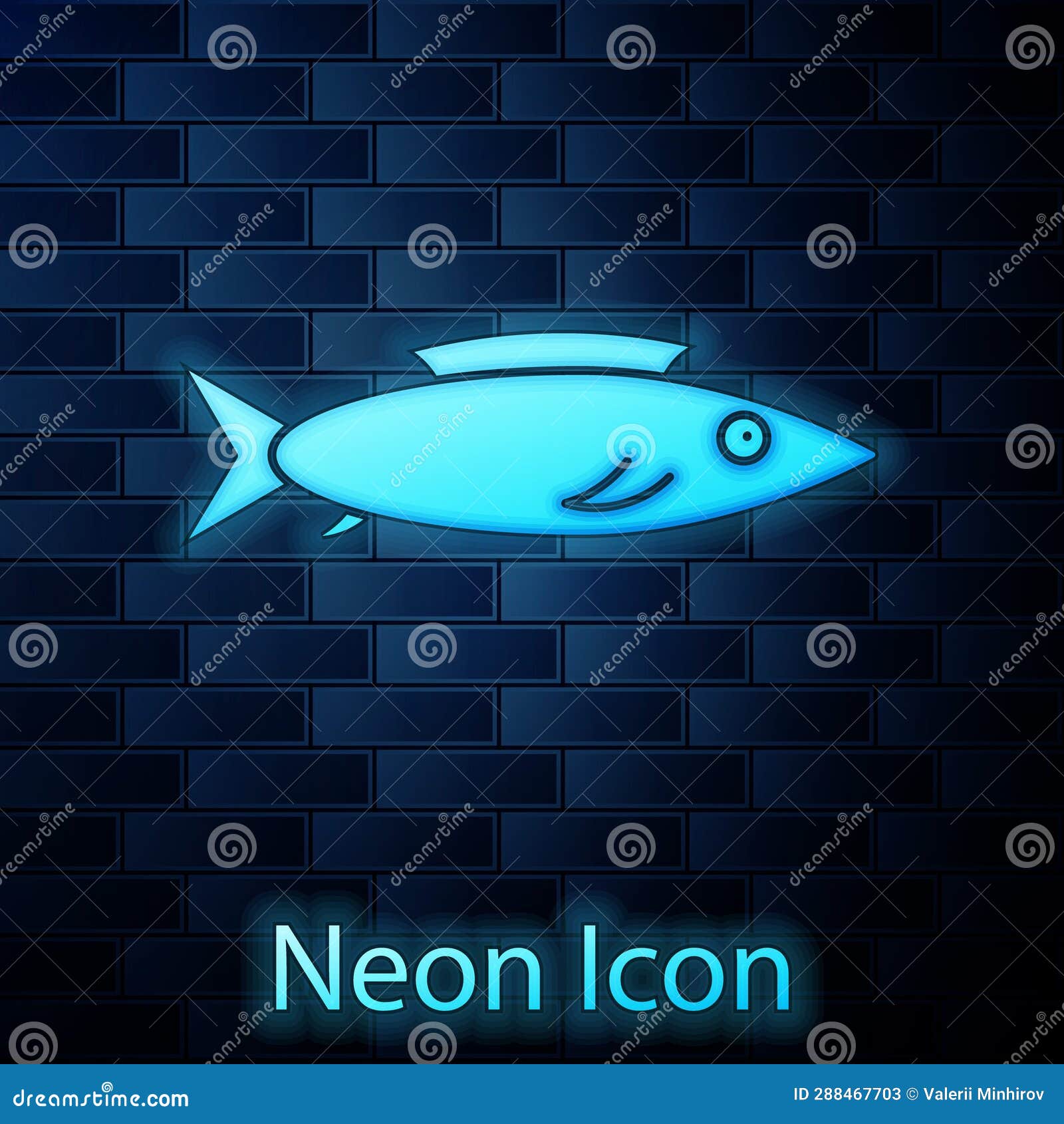 Glowing Neon Fish Icon Isolated on Brick Wall Background. Vector Stock ...