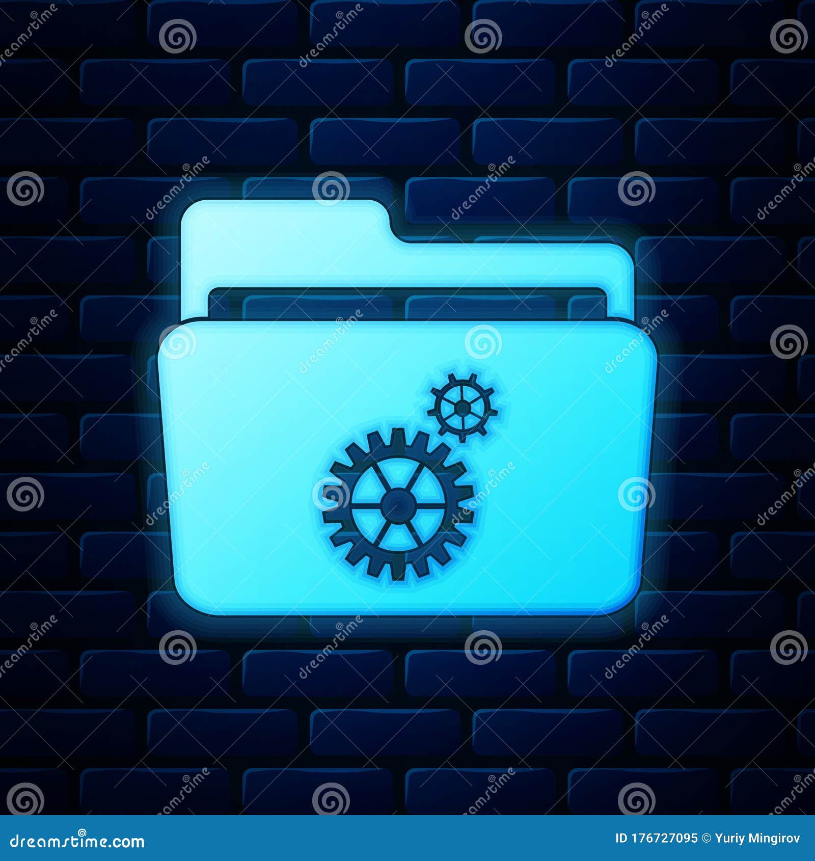 Glowing Neon Folder Settings with Gears Icon Isolated on Brick Wall ...