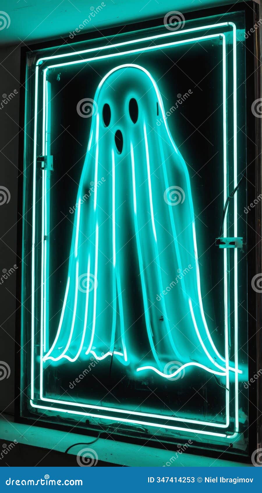Glowing Neon Ghost Light Sign with Blue Hue in Dark Room Stock Image ...