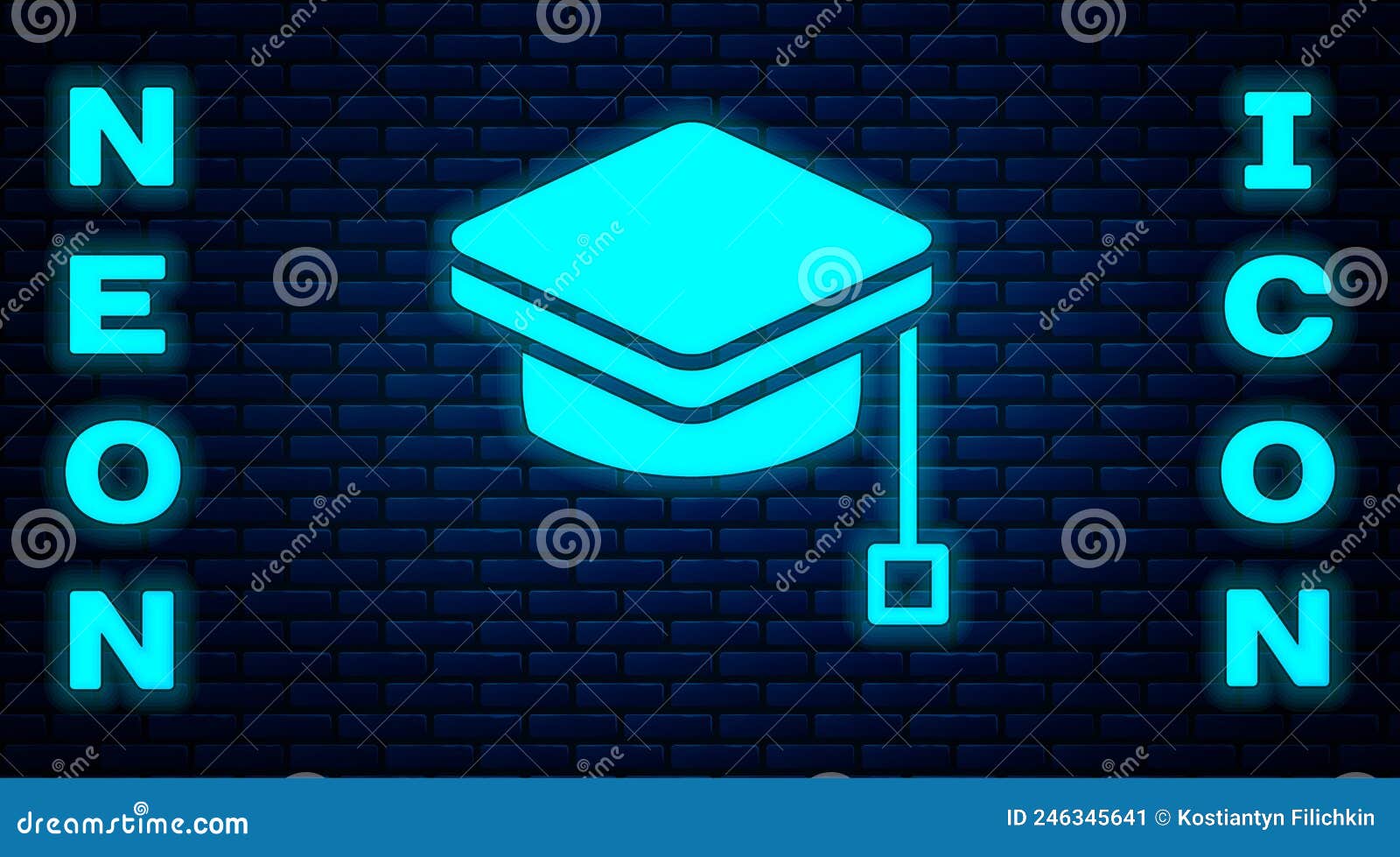Glowing Neon Graduation Cap Icon Isolated on Brick Wall Background ...
