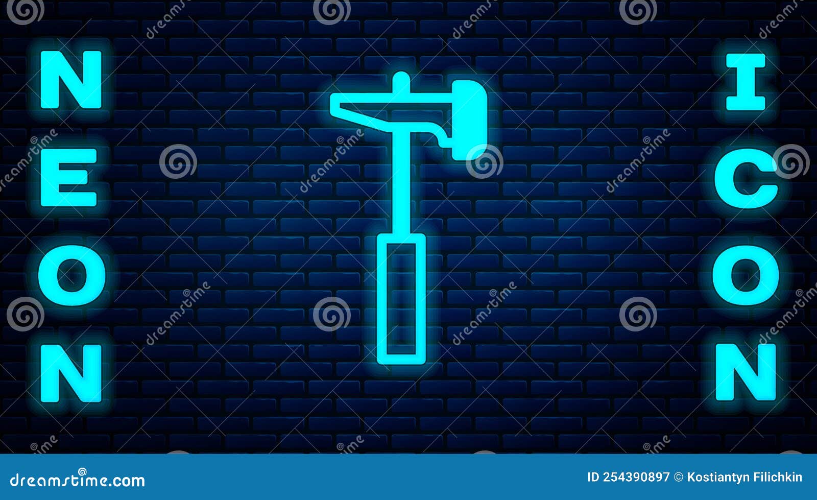 Glowing Neon Hammer Icon Isolated on Brick Wall Background. Tool for ...