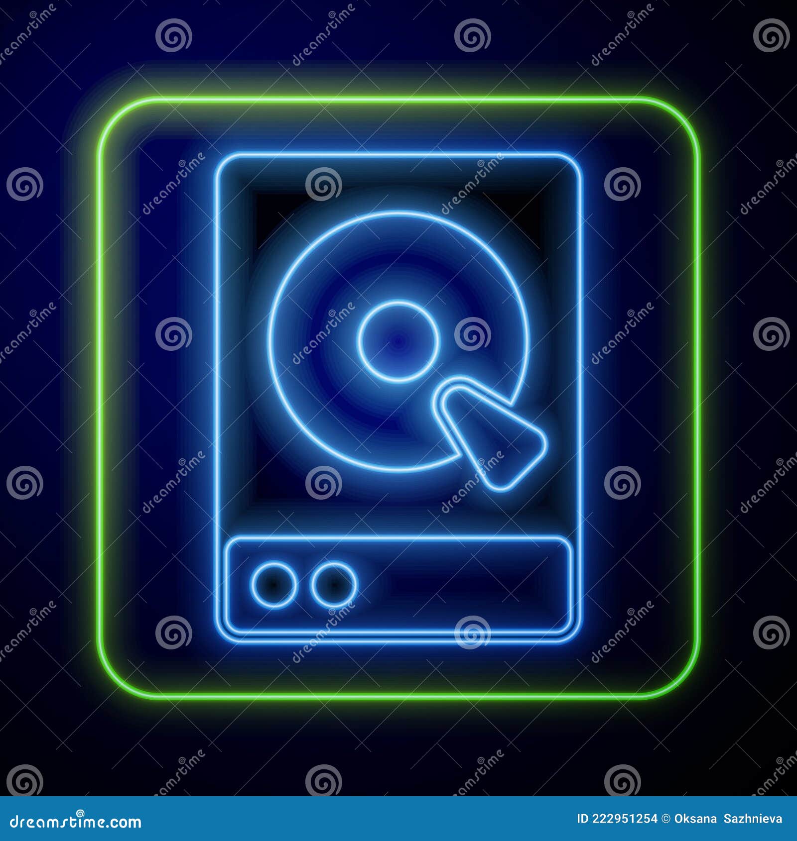 Glowing Neon Hard Disk Drive HDD Icon Isolated on Blue Background ...