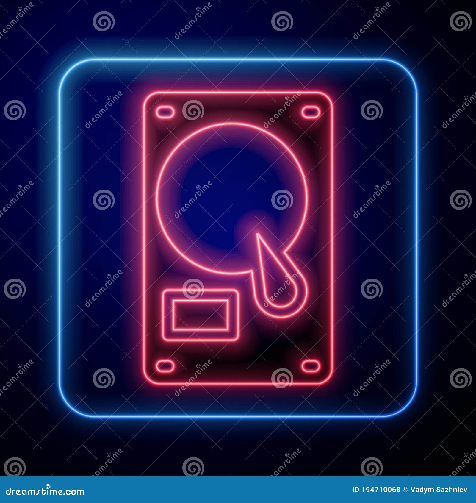 Glowing Neon Hard Disk Drive HDD Icon Isolated on Blue Background ...