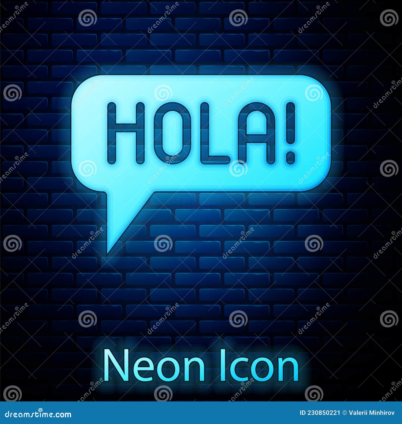Glowing Neon Hola in Different Languages Icon Isolated on Brick Wall ...