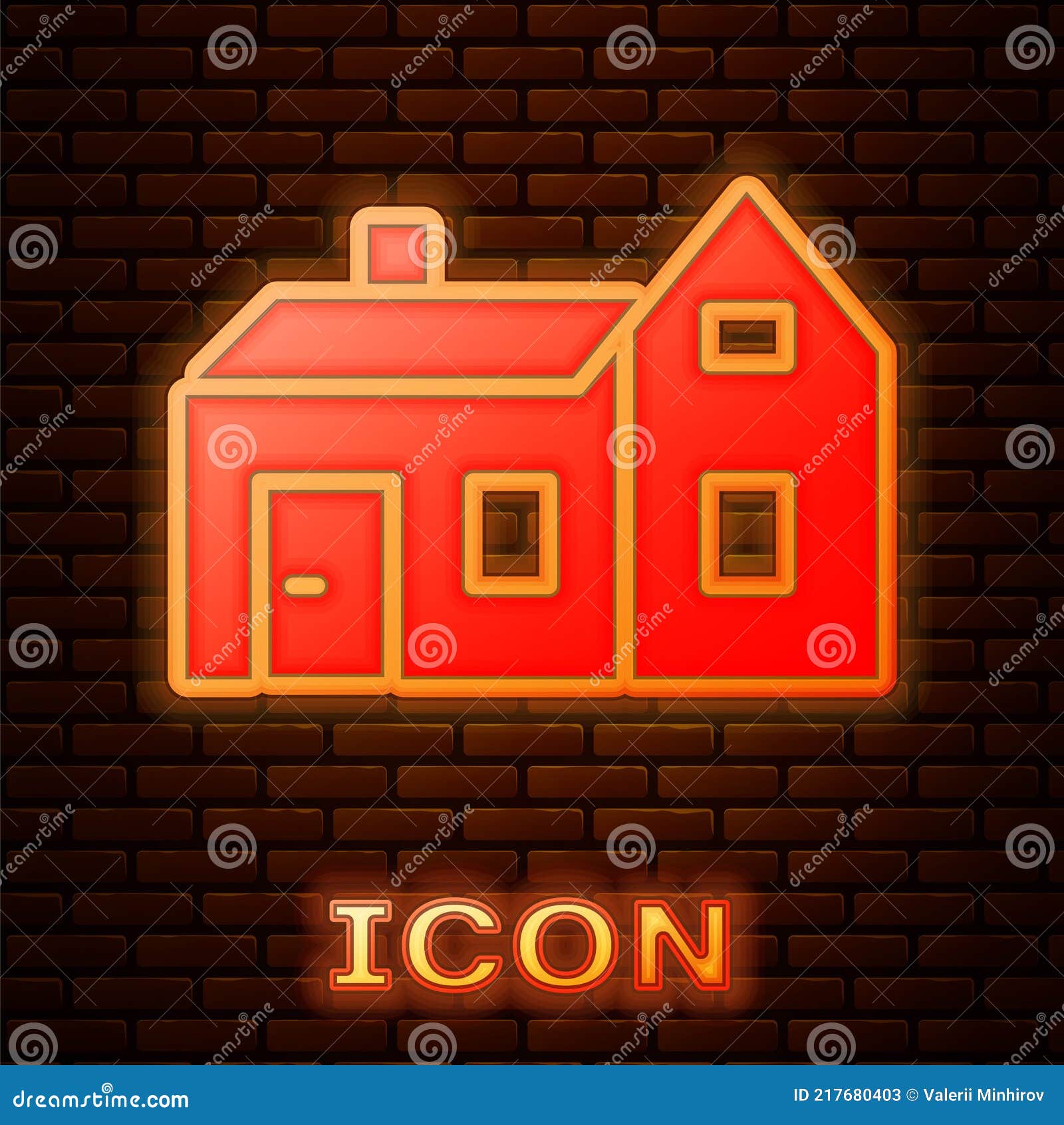 Glowing Neon House Icon Isolated on Brick Wall Background. Home Symbol ...