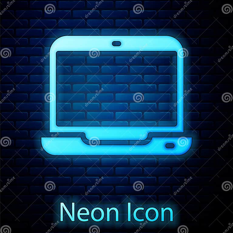 Glowing Neon Laptop Icon Isolated on Brick Wall Background. Computer ...