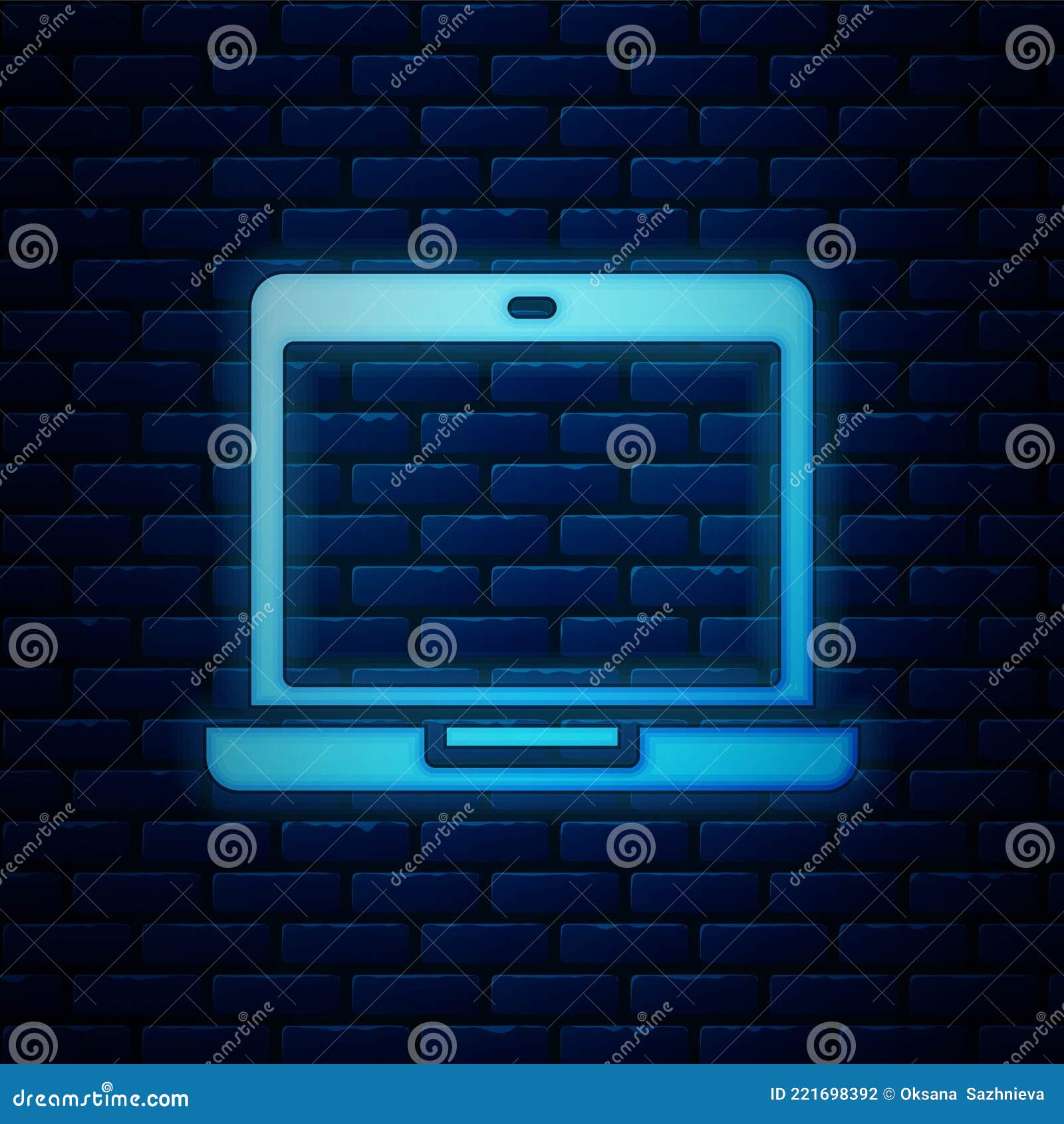 Glowing Neon Laptop Icon Isolated on Brick Wall Background. Computer ...