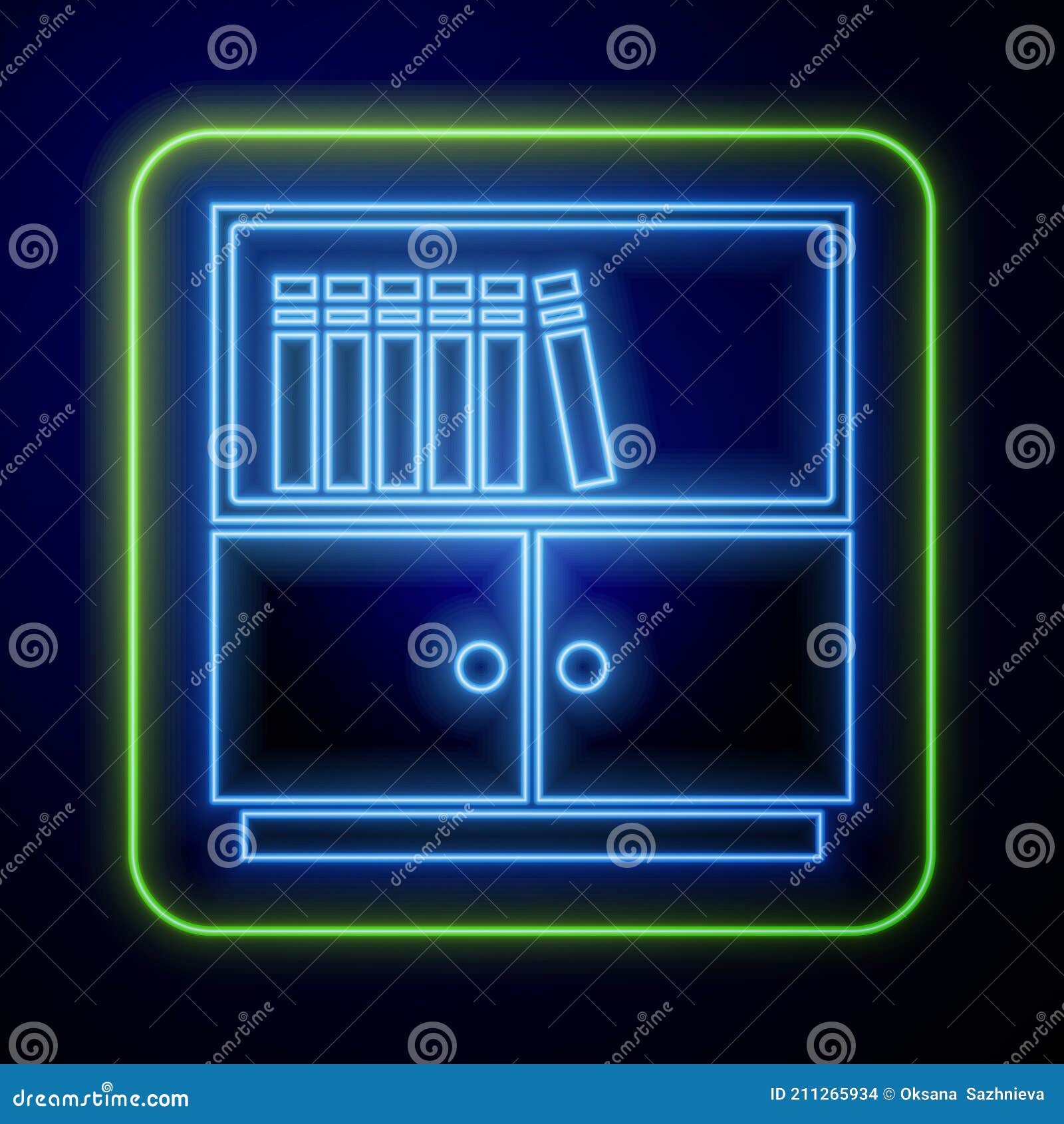 Glowing Neon Library Bookshelf Icon Isolated on Blue Background. Vector ...