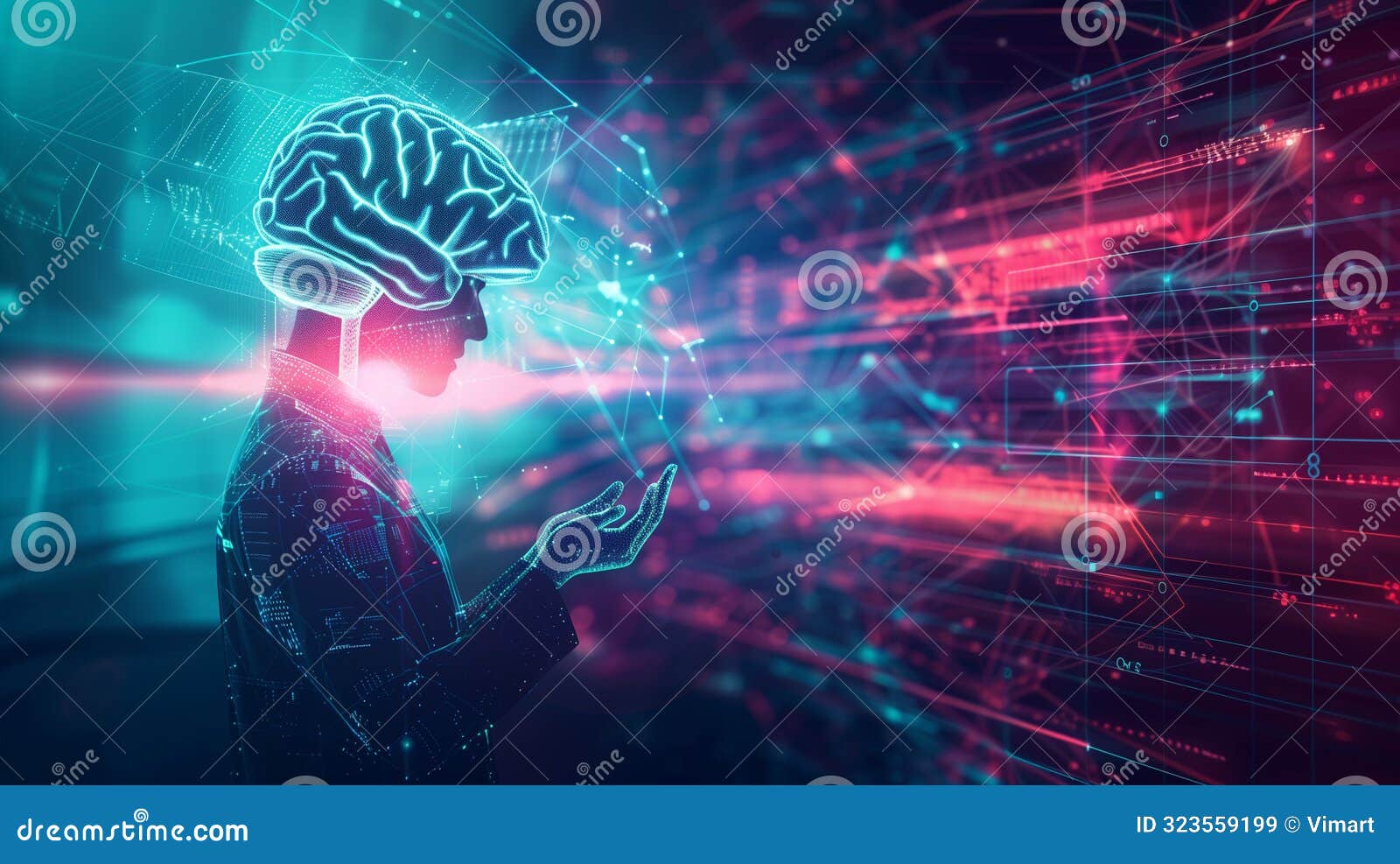 Glowing Neon Light Brain. Artificial Intelligence Neural System Stock ...