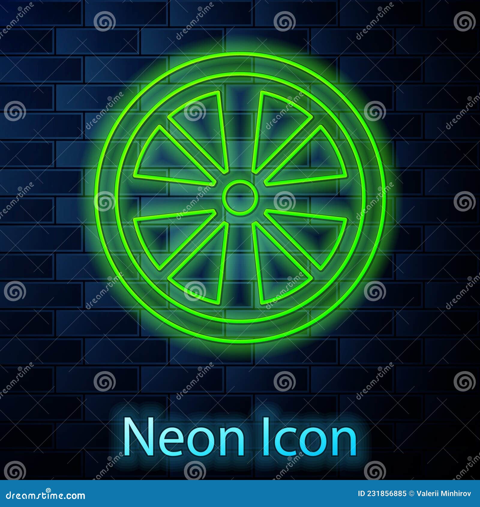 Glowing Neon Line Alloy Wheel for a Car Icon Isolated on Brick Wall ... Glowing Neon Line Alloy Wheel for a Car Icon Isolated on Brick Wall ...