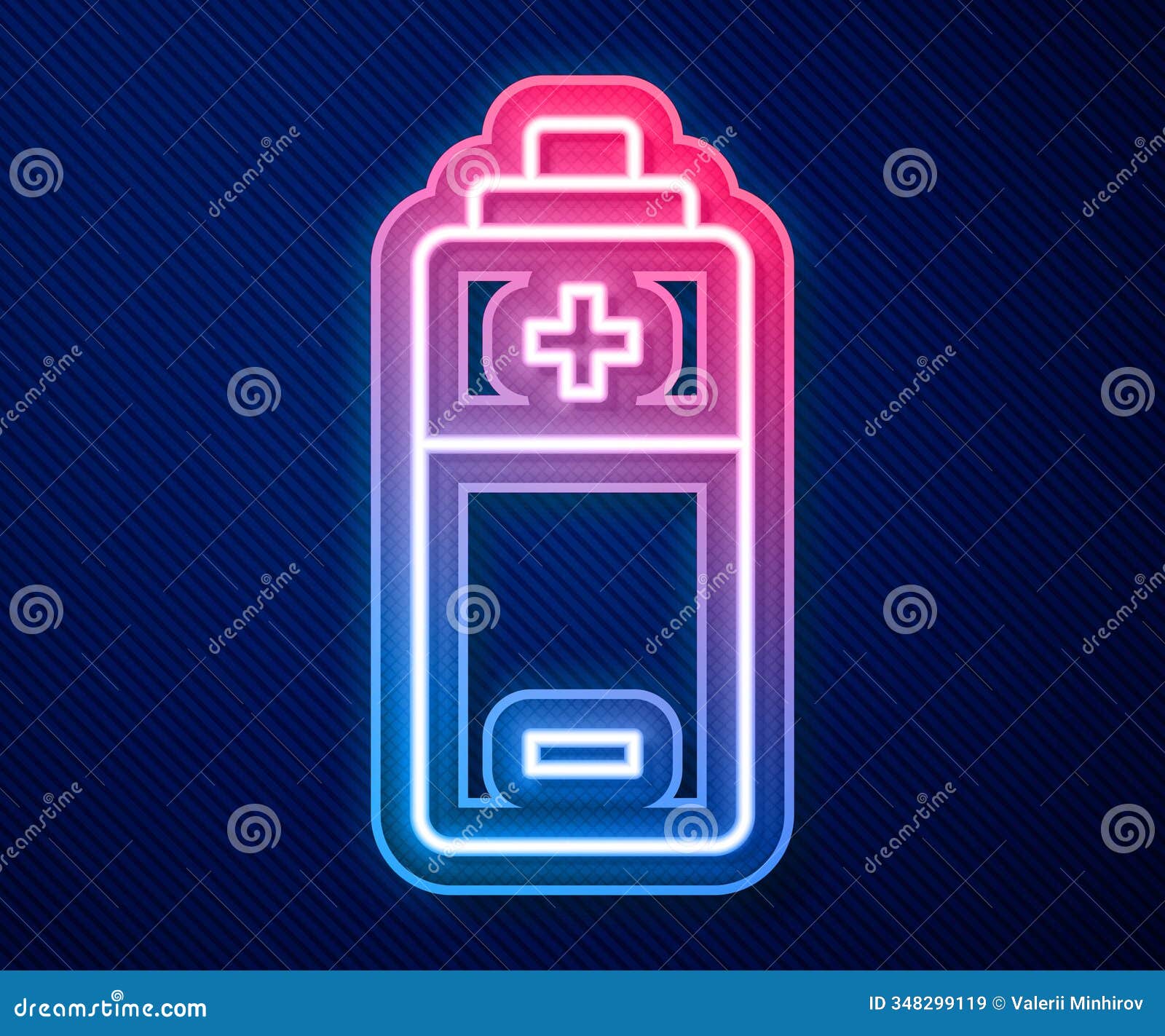 Glowing Neon Line Battery Icon Isolated on Blue Background. Lightning ...