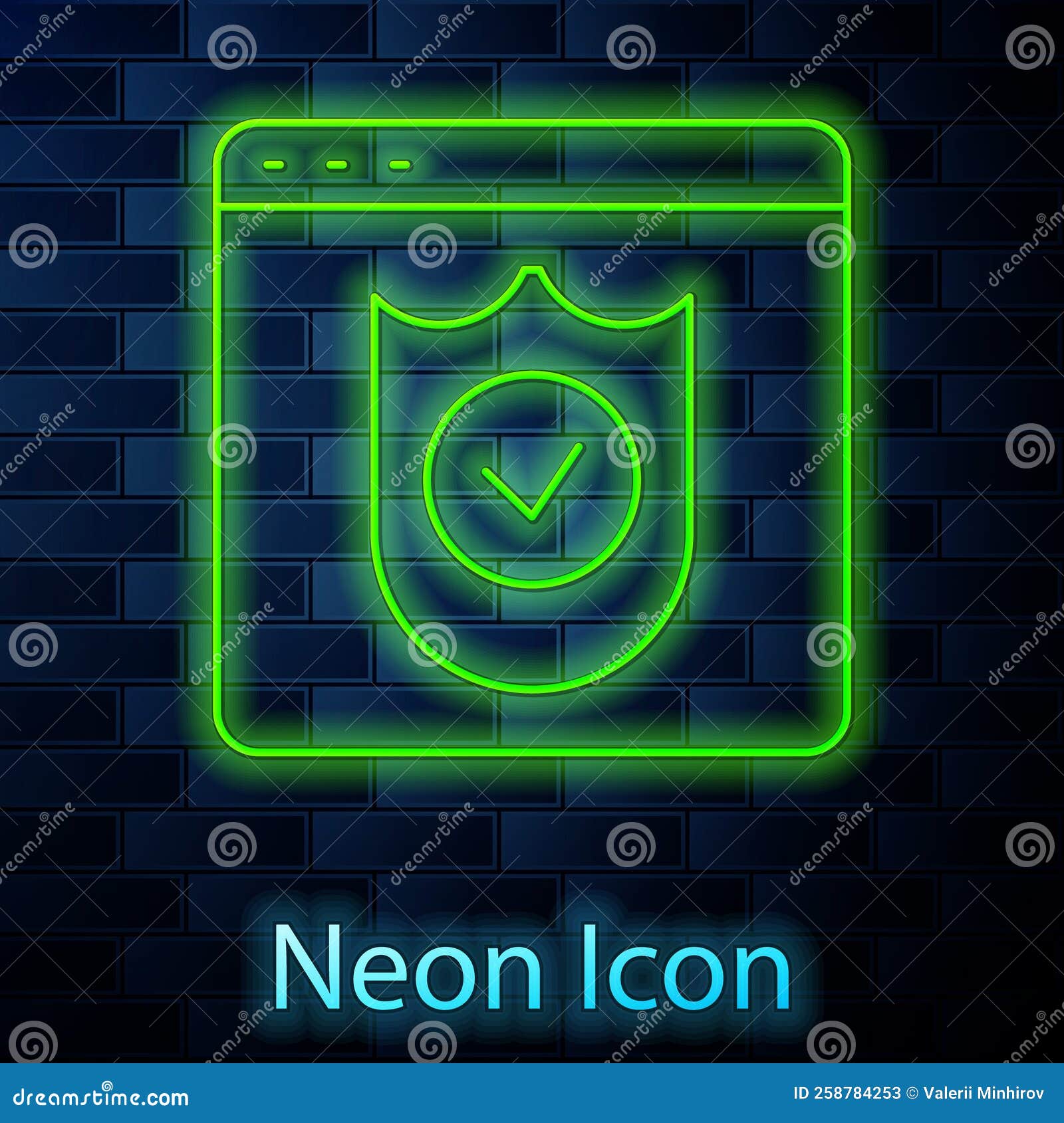Glowing Neon Line Browser with Shield Icon Isolated on Brick Wall ...