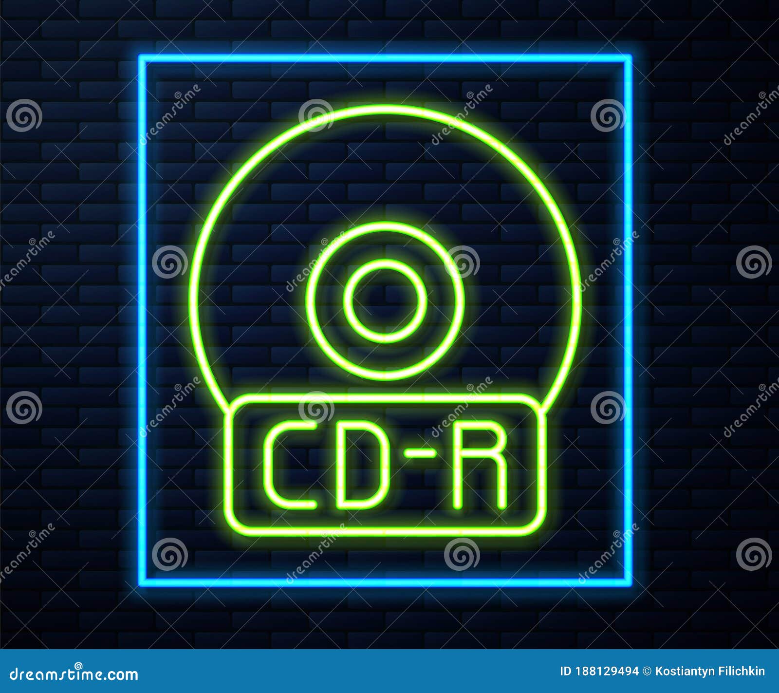Glowing Neon Line CD or DVD Disk Icon Isolated on Brick Wall Background ...