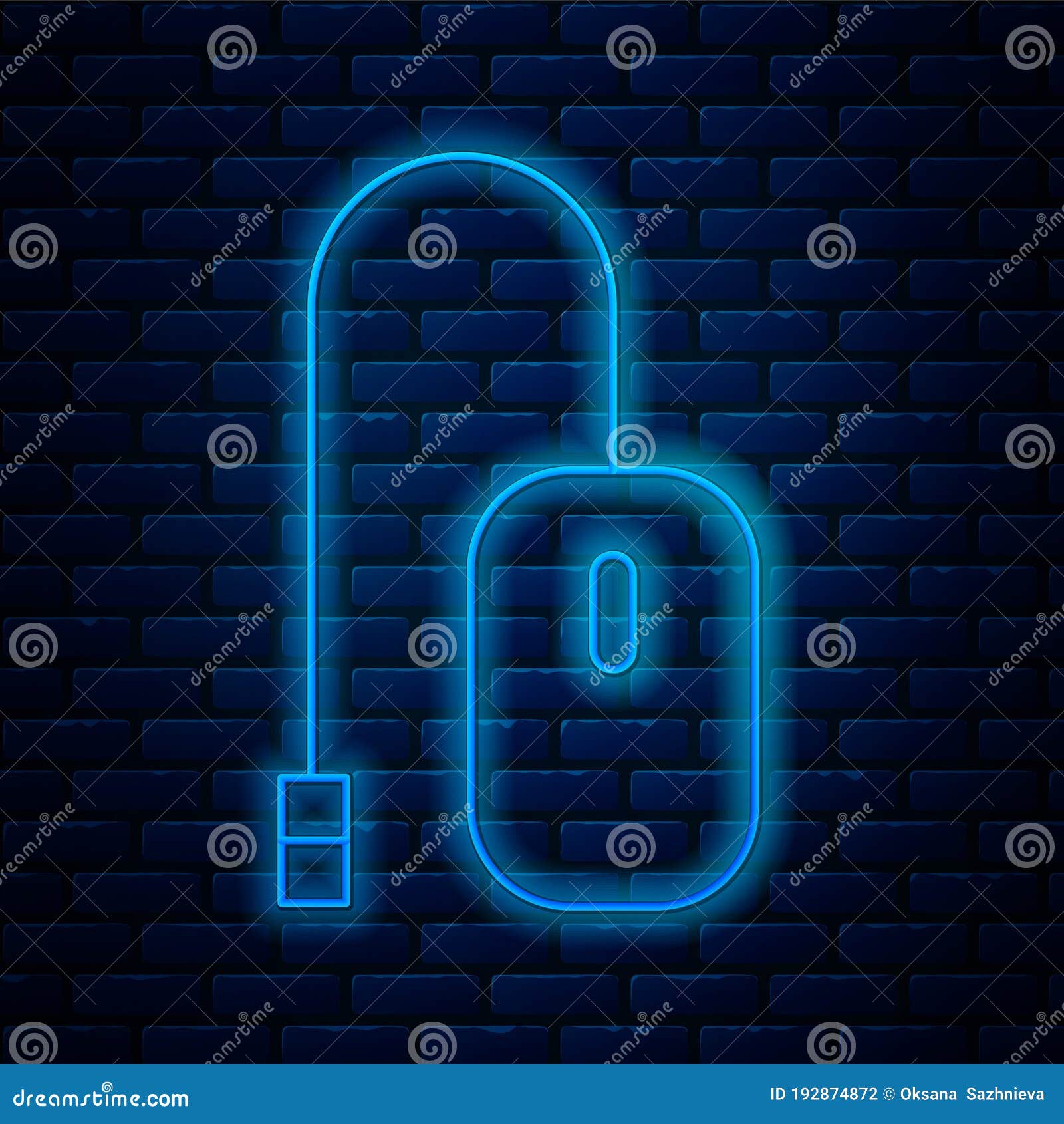 Glowing Neon Line Computer Mouse Icon Isolated on Brick Wall Background ...