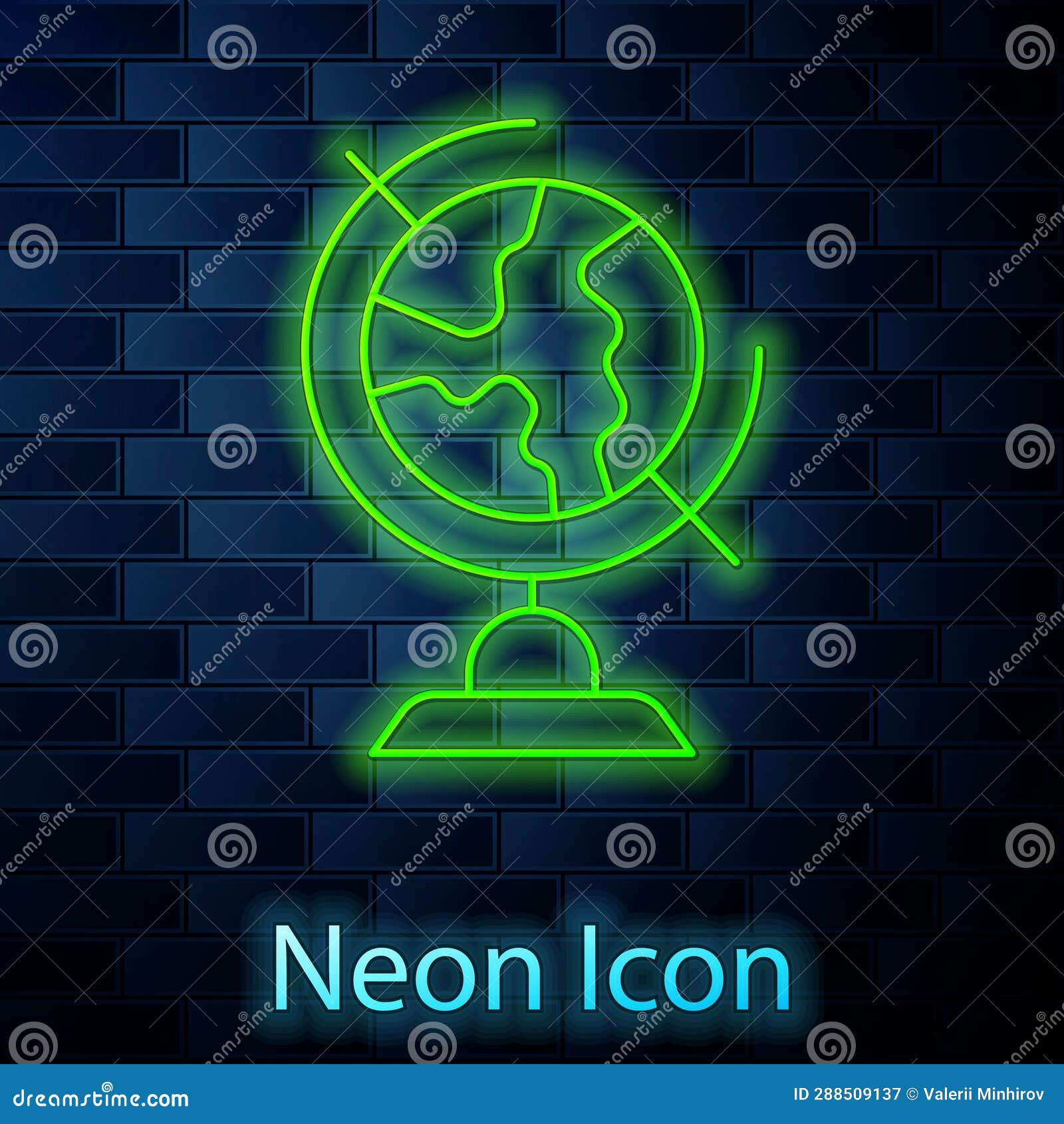 Glowing Neon Line Earth Globe Icon Isolated on Brick Wall Background ...