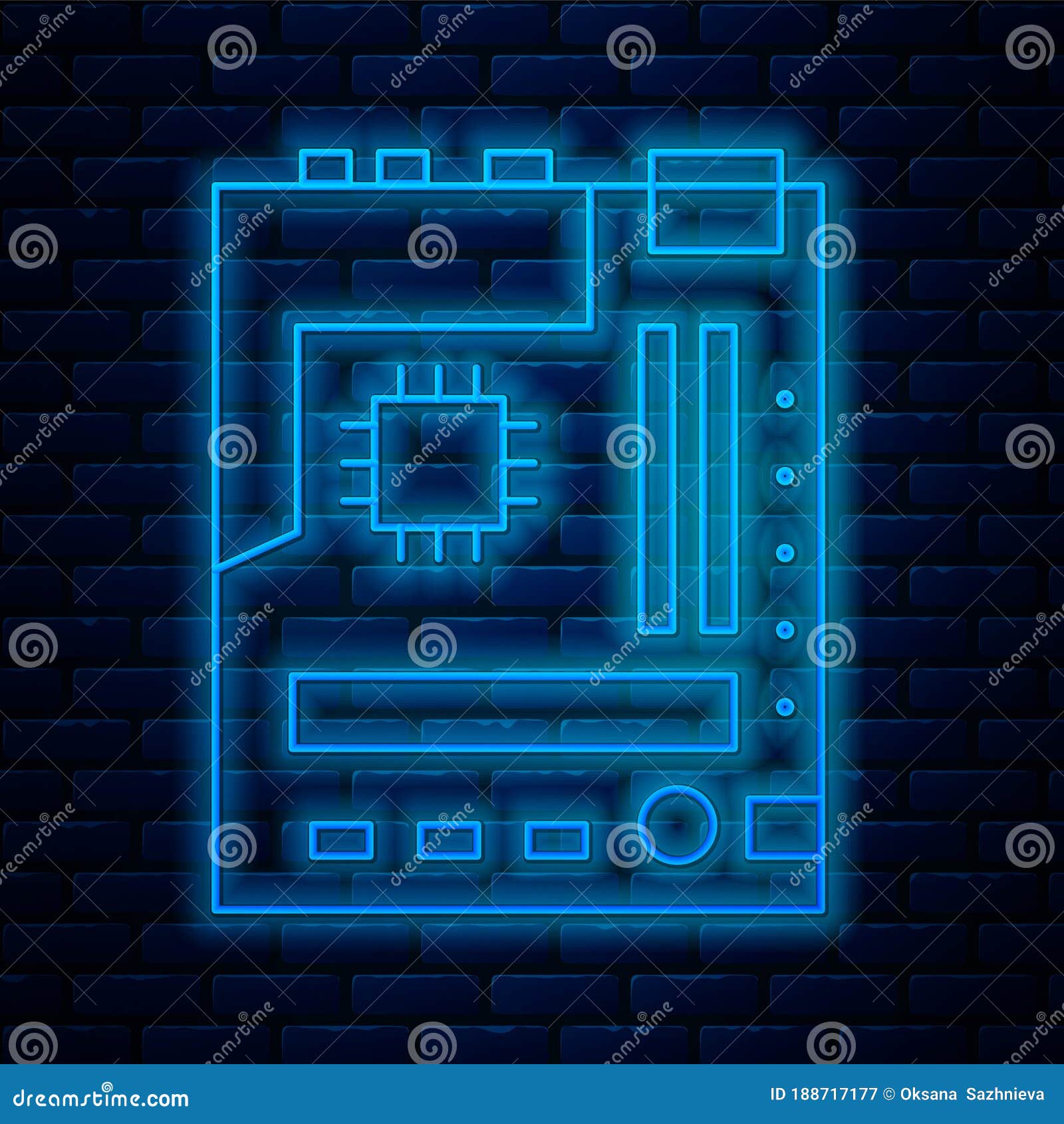 Glowing Neon Line Electronic Computer Components Motherboard Digital ...