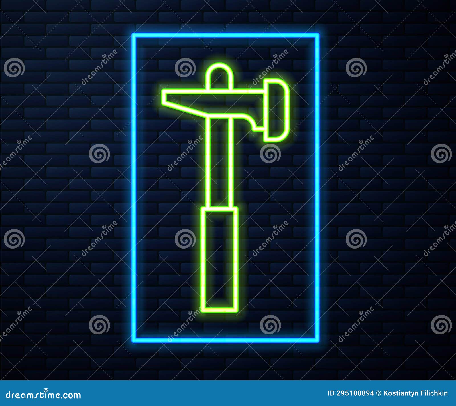 Glowing Neon Line Hammer Icon Isolated on Brick Wall Background. Tool ...