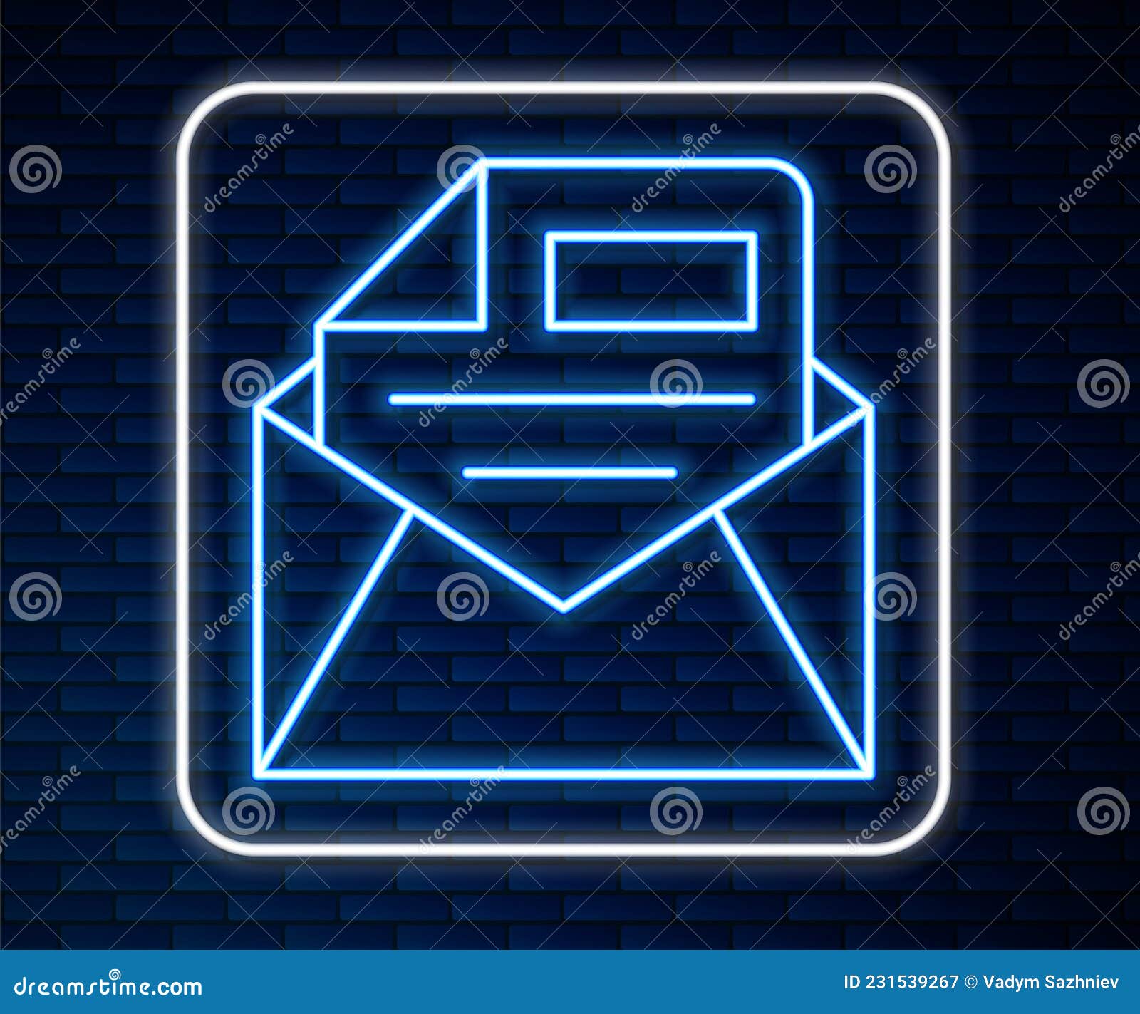 Glowing Neon Line Mail and E-mail Icon Isolated on Brick Wall ...