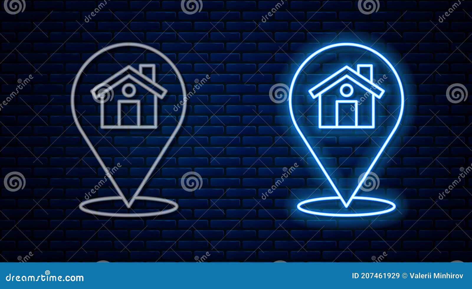 Glowing Neon Line Map Pointer with House Icon Isolated on Brick Wall ...