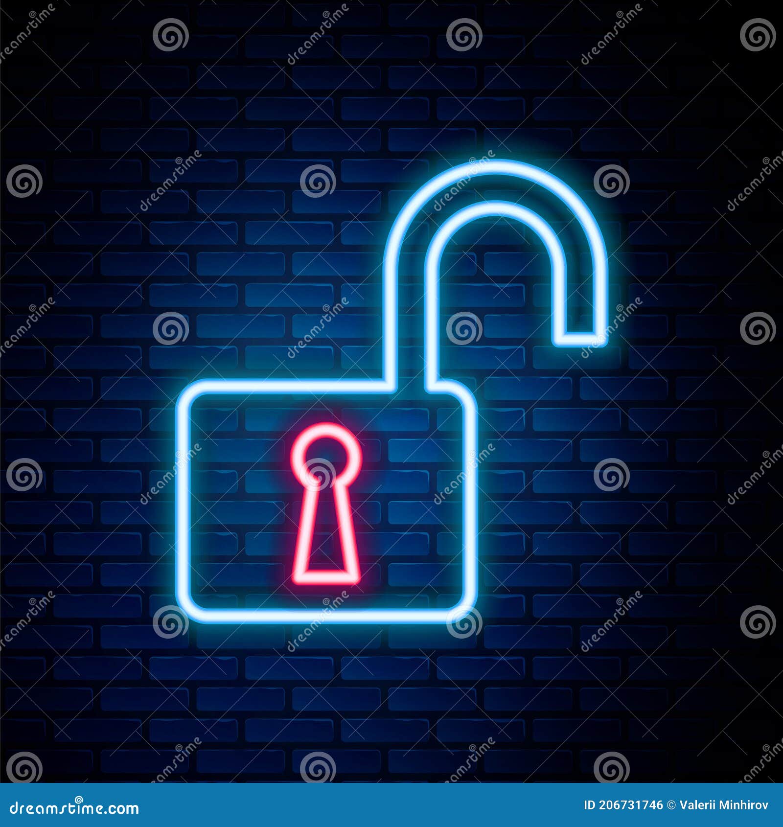 Glowing Neon Line Open Padlock Icon Isolated on Brick Wall Background ...