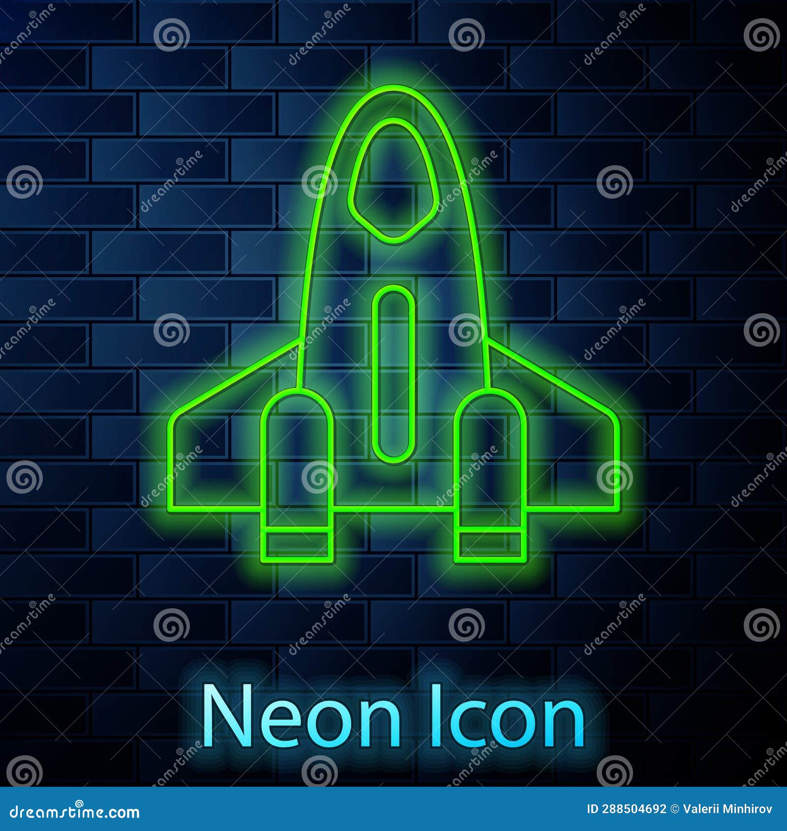Glowing Neon Line Rocket Ship Icon Isolated on Brick Wall Background ...