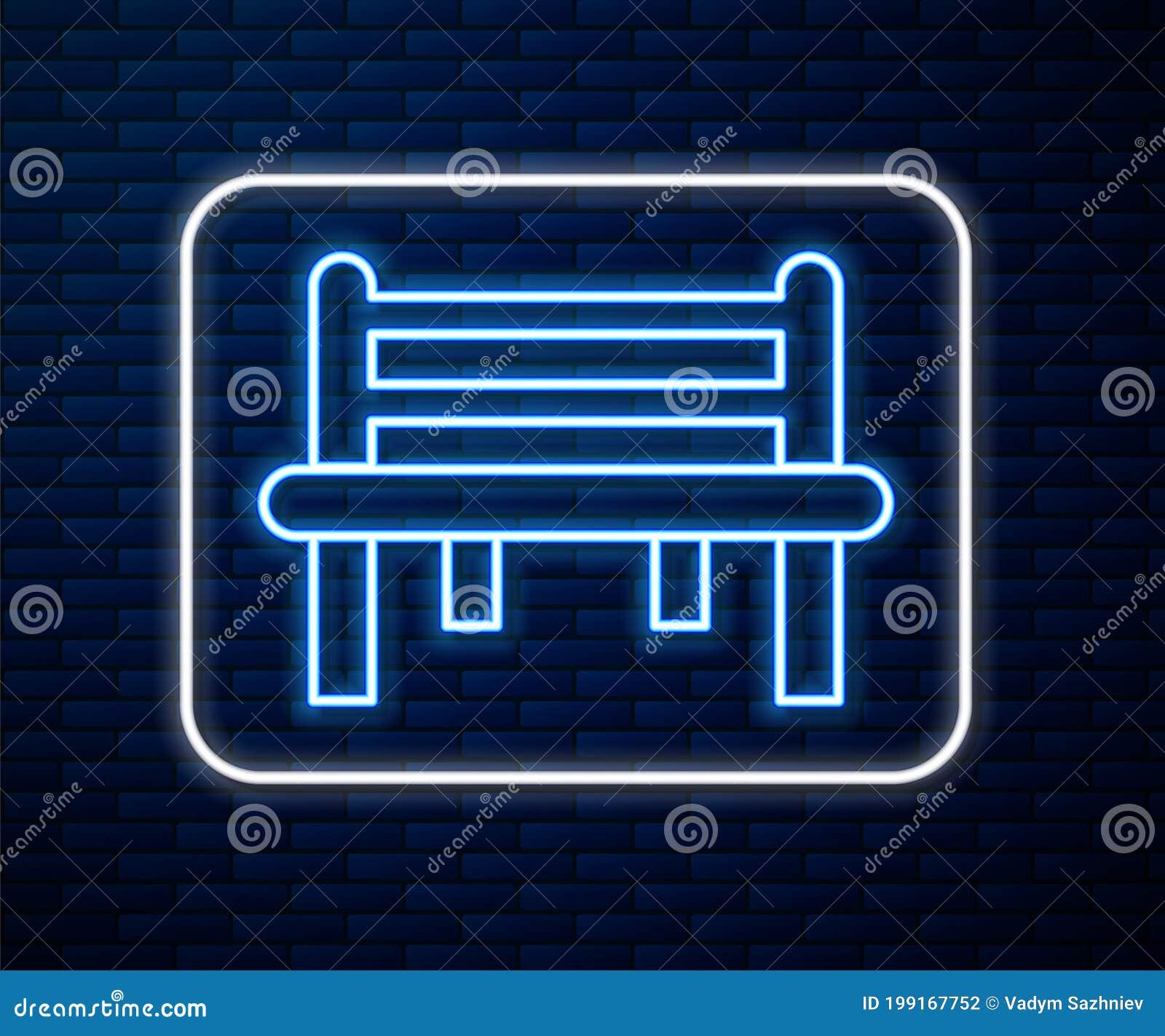 Glowing Neon Line Romantic Bench Icon Isolated on Brick Wall Background ...