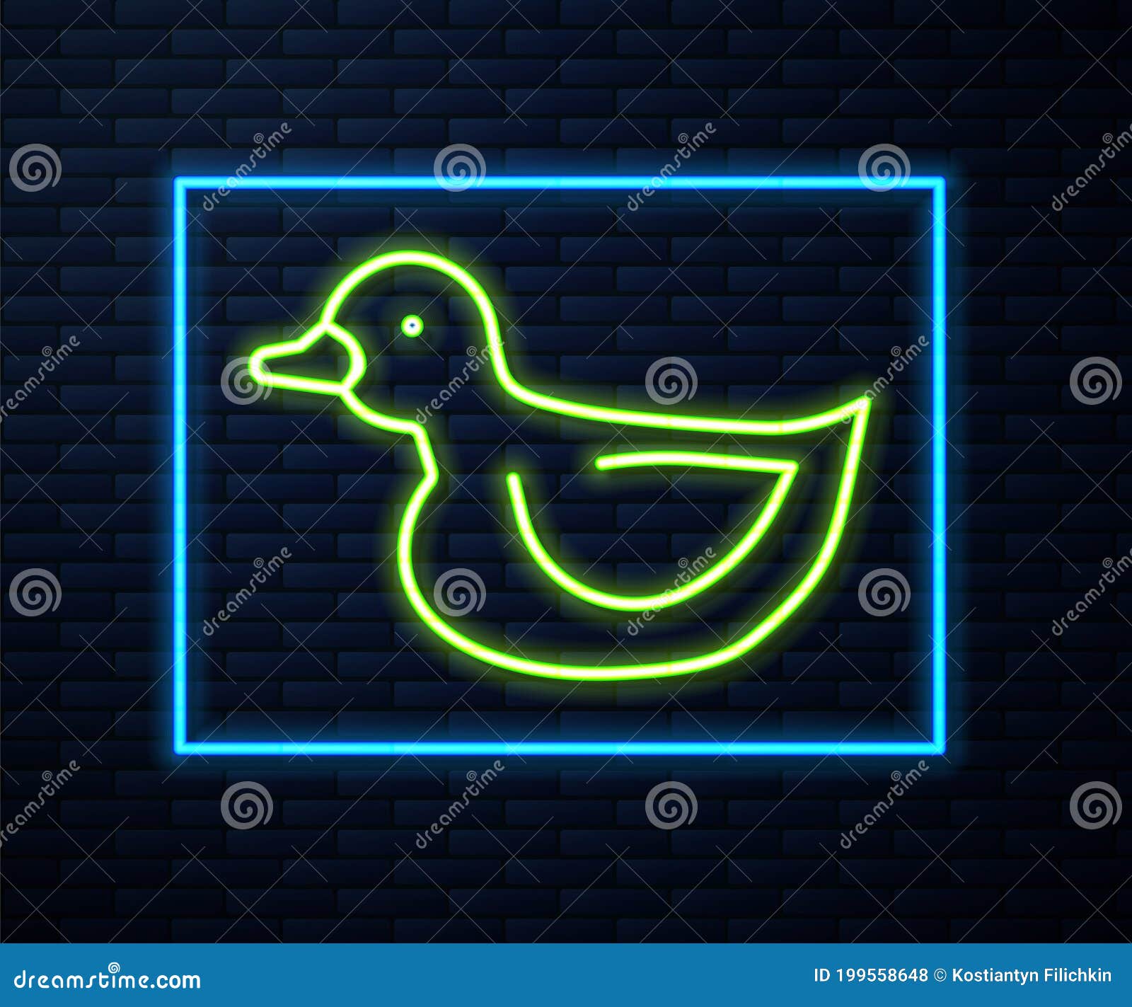 Glowing Neon Line Rubber Duck Icon Isolated on Brick Wall Background ...