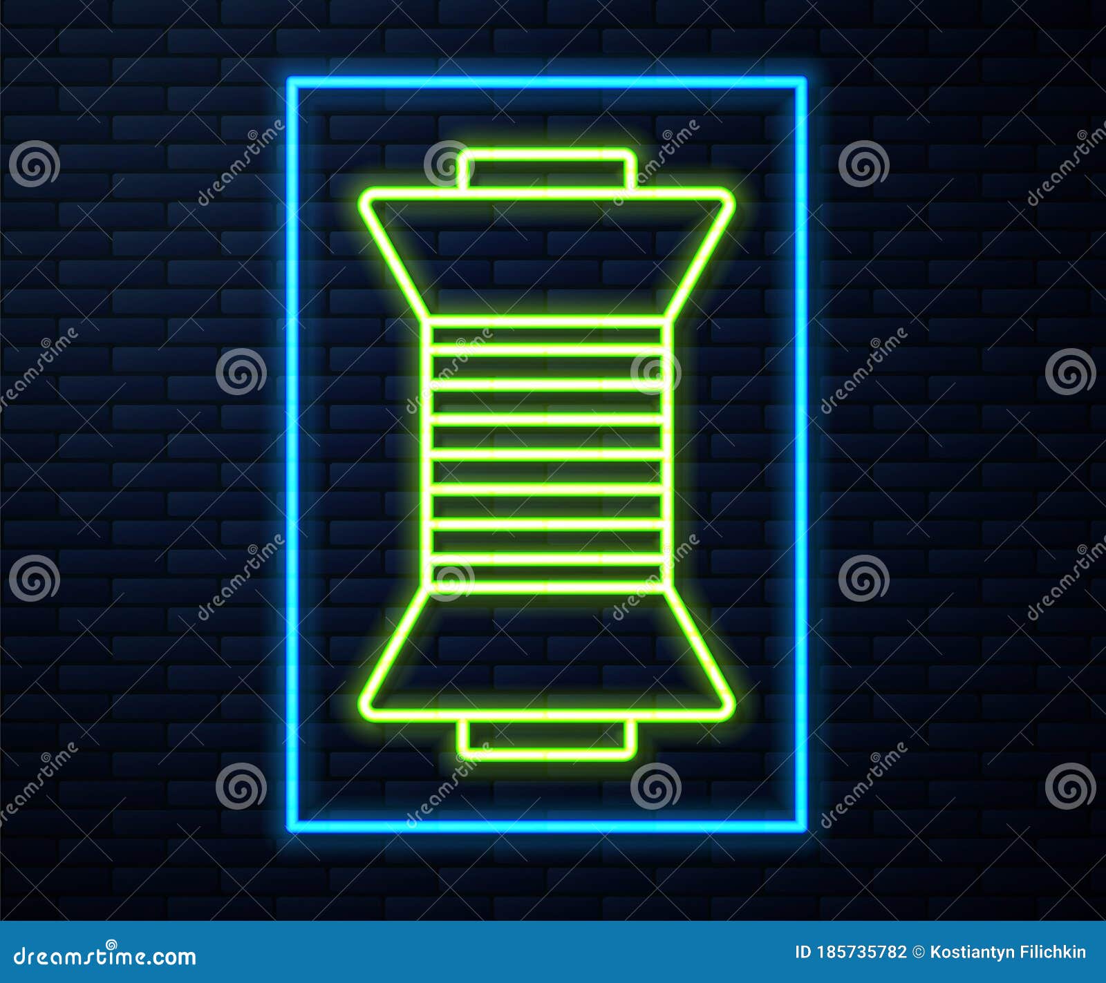 Glowing Neon Line Sewing Thread on Spool Icon Isolated on Brick Wall ...
