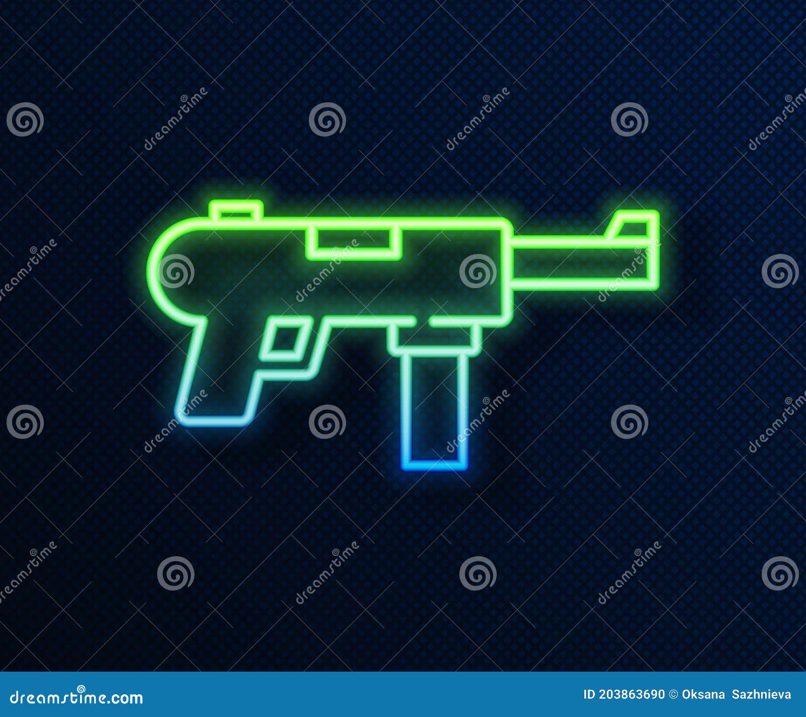 Glowing Neon Line Submachine Gun M3, Grease Gun Icon Isolated on Blue ...