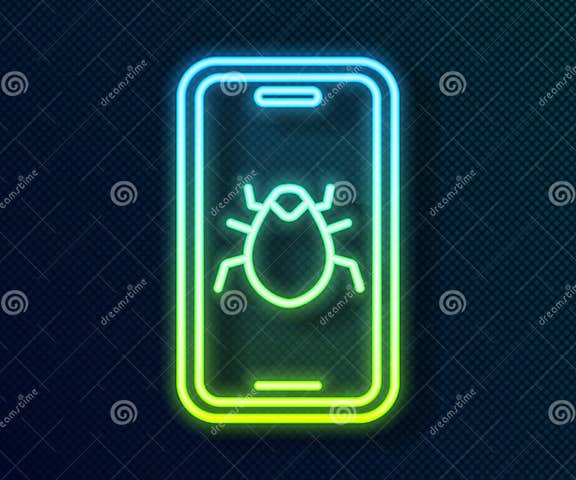 Glowing Neon Line System Bug on Mobile Icon Isolated on Black ...
