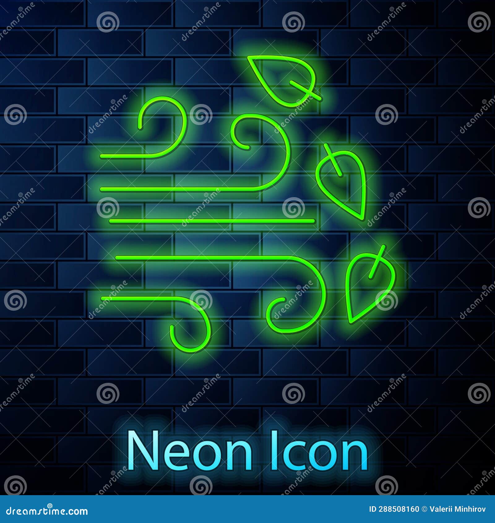 Glowing Neon Line Windy Weather Icon Isolated on Brick Wall Background ...