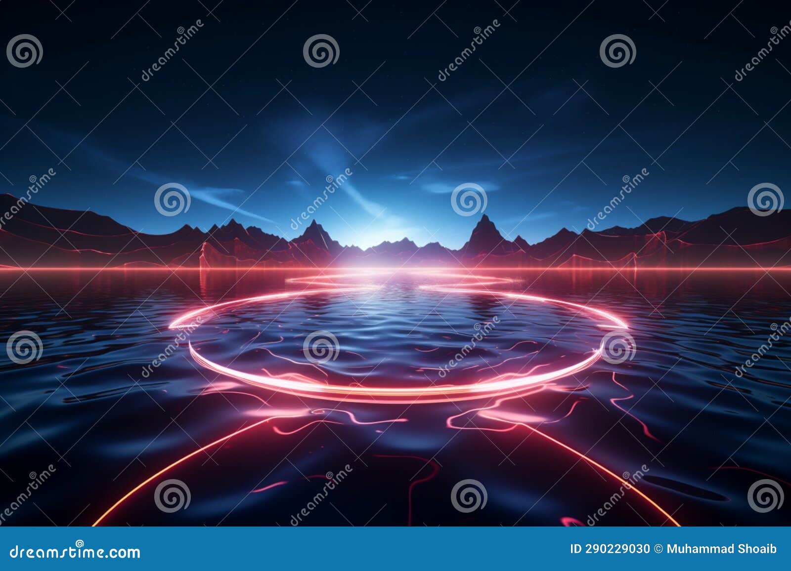 Glowing Neon Lines Transform a Dark Lake in a Captivating 3D Rendering ...