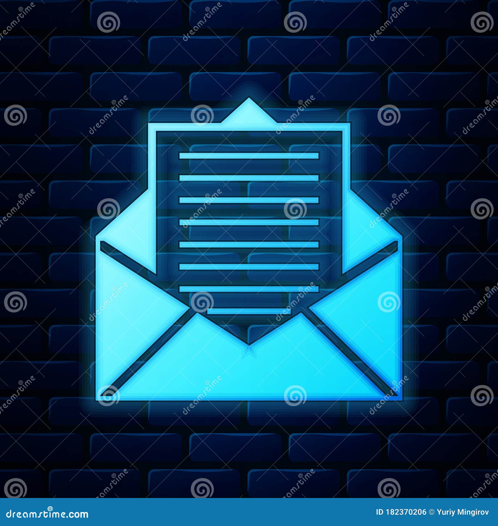 Glowing Neon Mail and E-mail Icon Isolated on Brick Wall Background ...