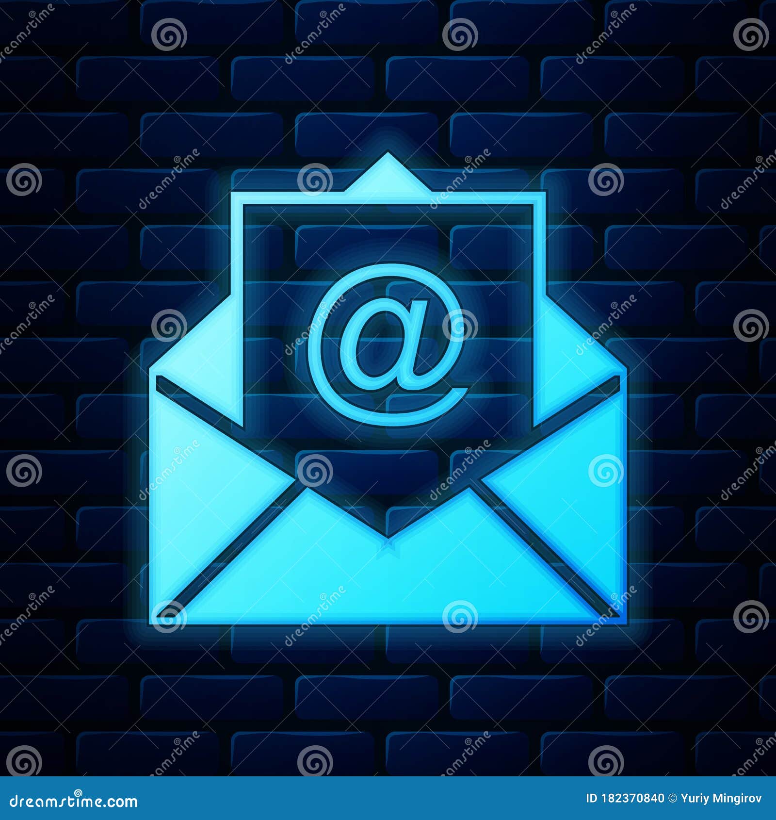 Glowing Neon Mail and E-mail Icon Isolated on Brick Wall Background ...