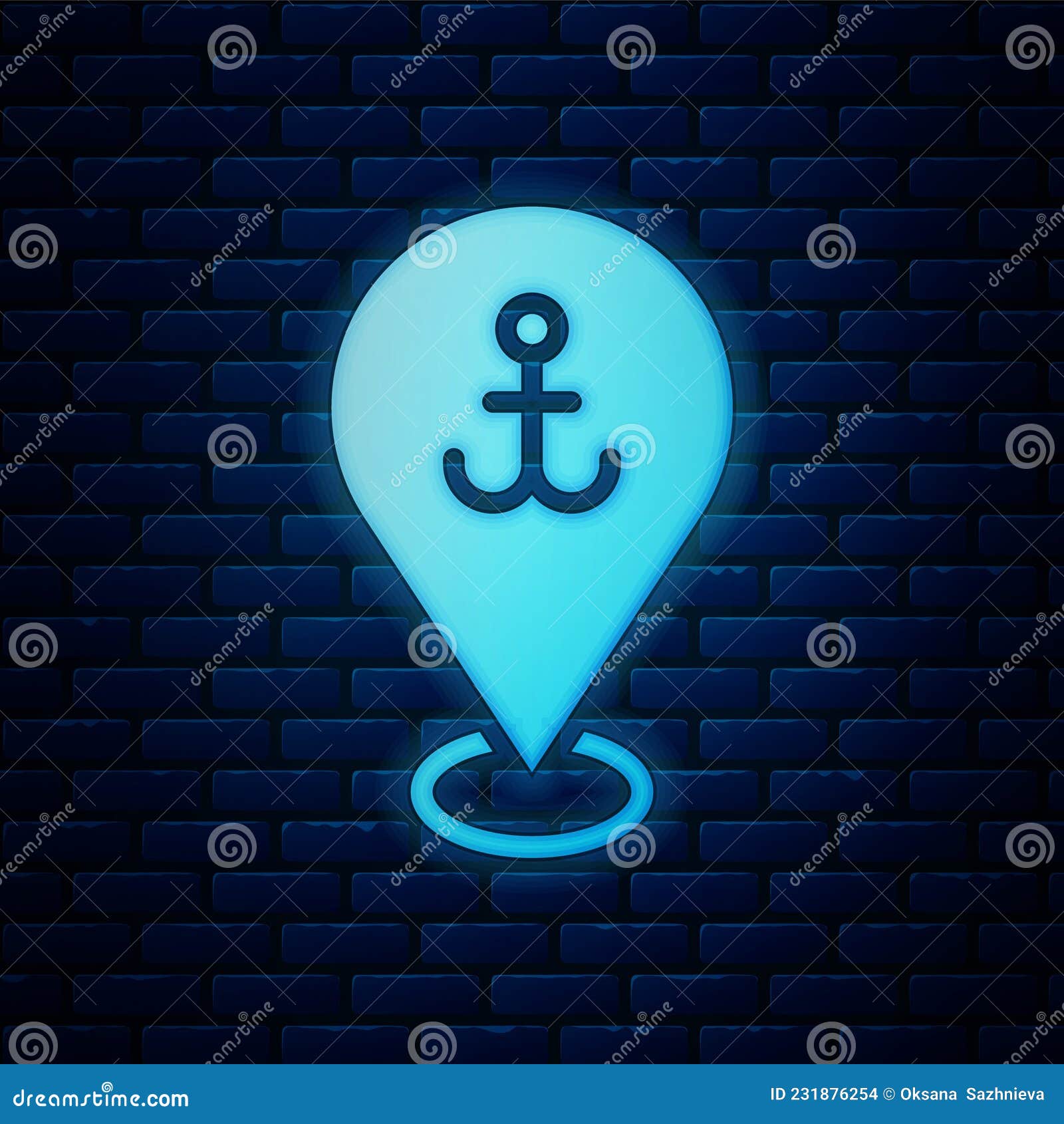 Glowing Neon Map Pointer with Anchor Icon Isolated on Brick Wall Background. Vector Stock Vector ...