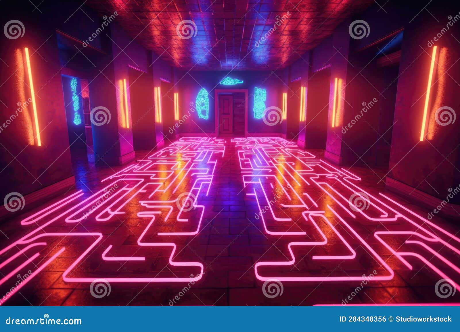 Glowing Neon Maze with a Shining Path To Exit Stock Photo - Image of ...