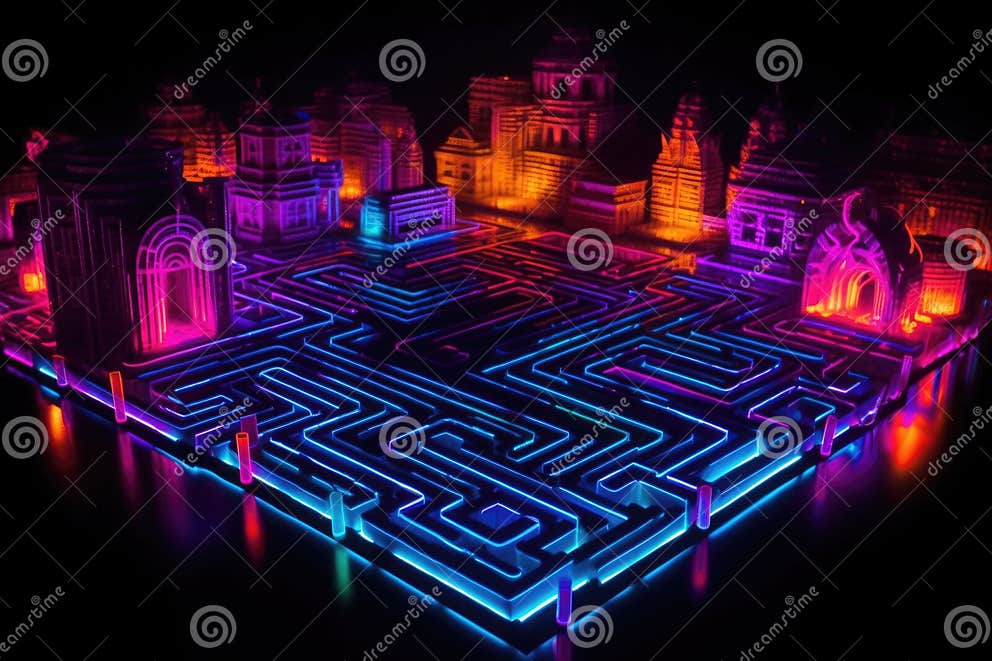 Glowing Neon Maze with a Shining Path To Exit Stock Image - Image of ...