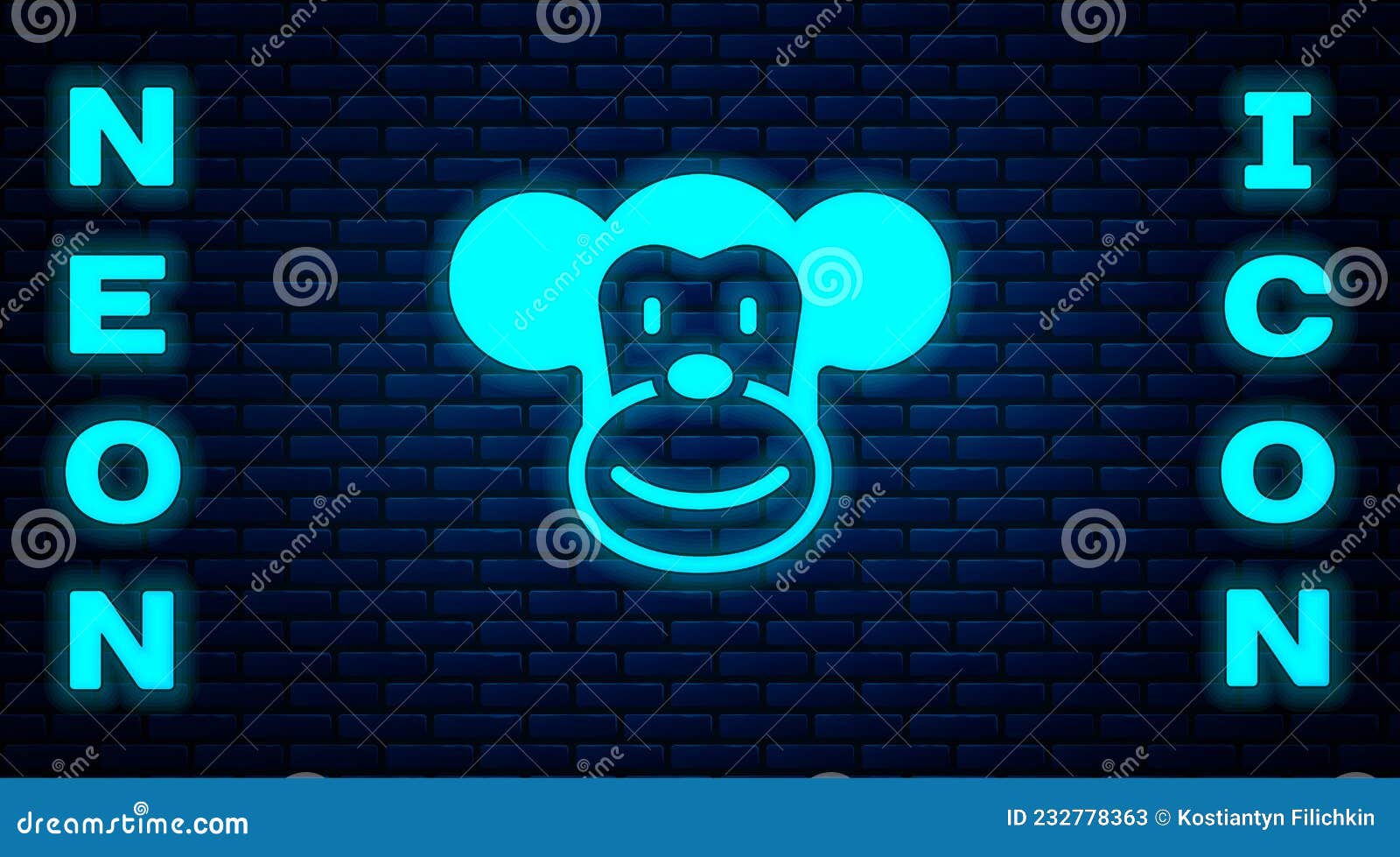 Glowing Neon Monkey Icon Isolated on Brick Wall Background. Animal ...