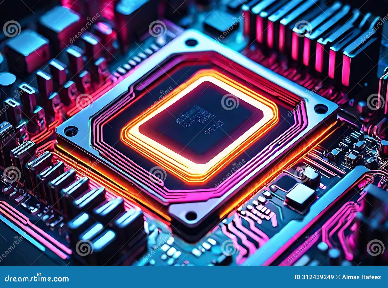 Glowing Neon Motherboard of CPU Depicting Advancement in AI Stock ...