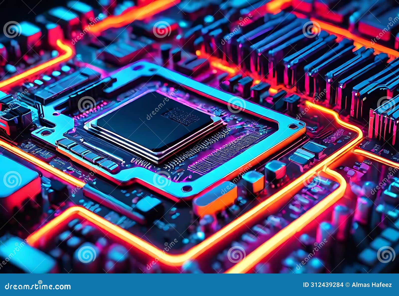 Glowing Neon Motherboard of CPU Depicting Advancement in AI Stock ...