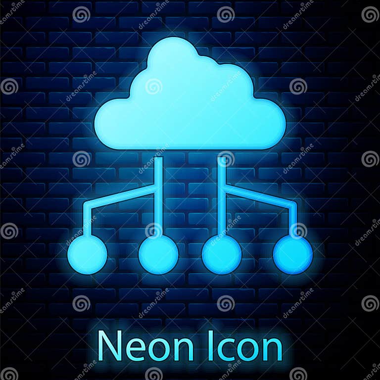 Glowing Neon Network Cloud Connection Icon Isolated on Brick Wall ...