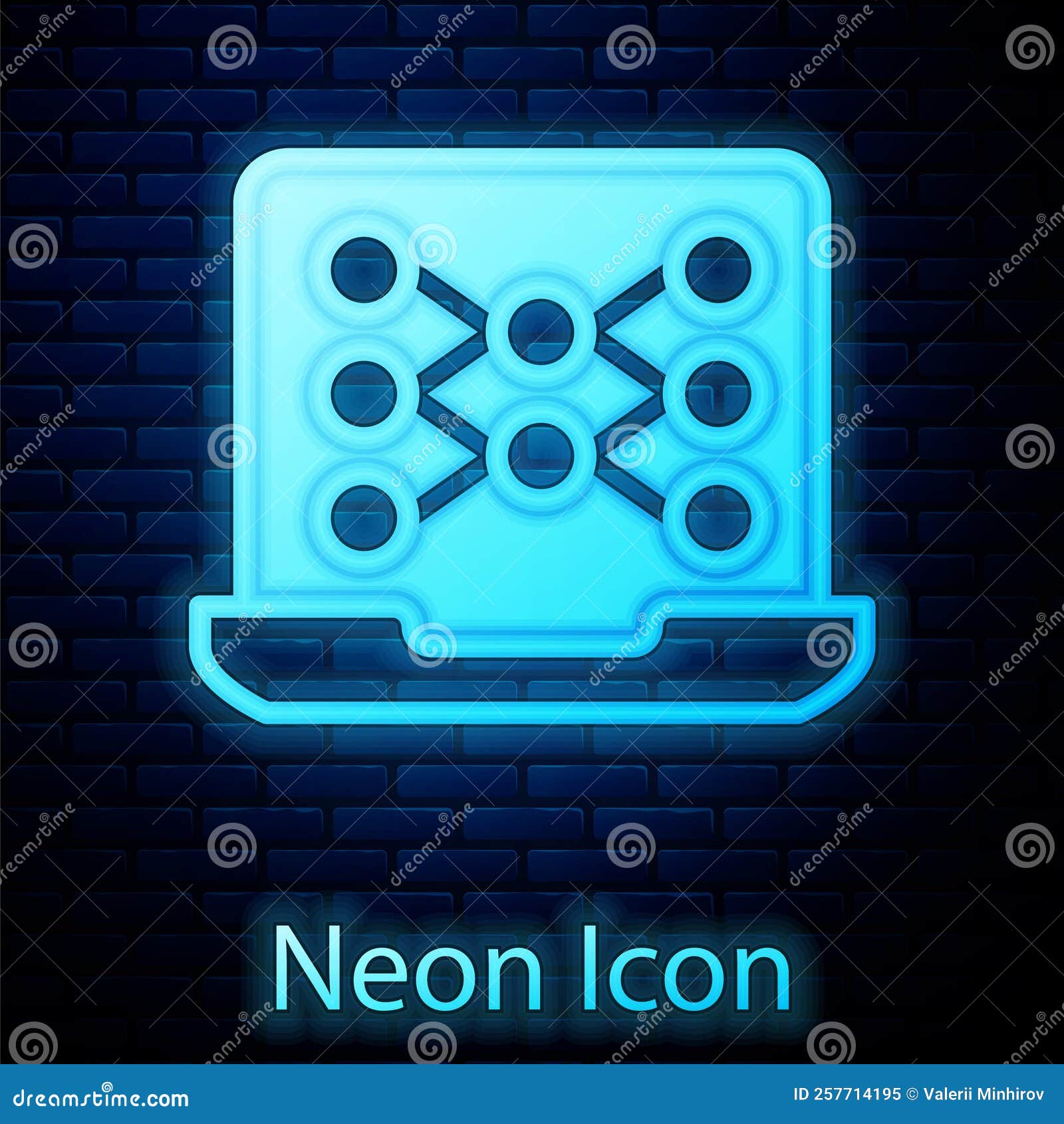 Glowing Neon Neural Network Icon Isolated on Brick Wall Background ...