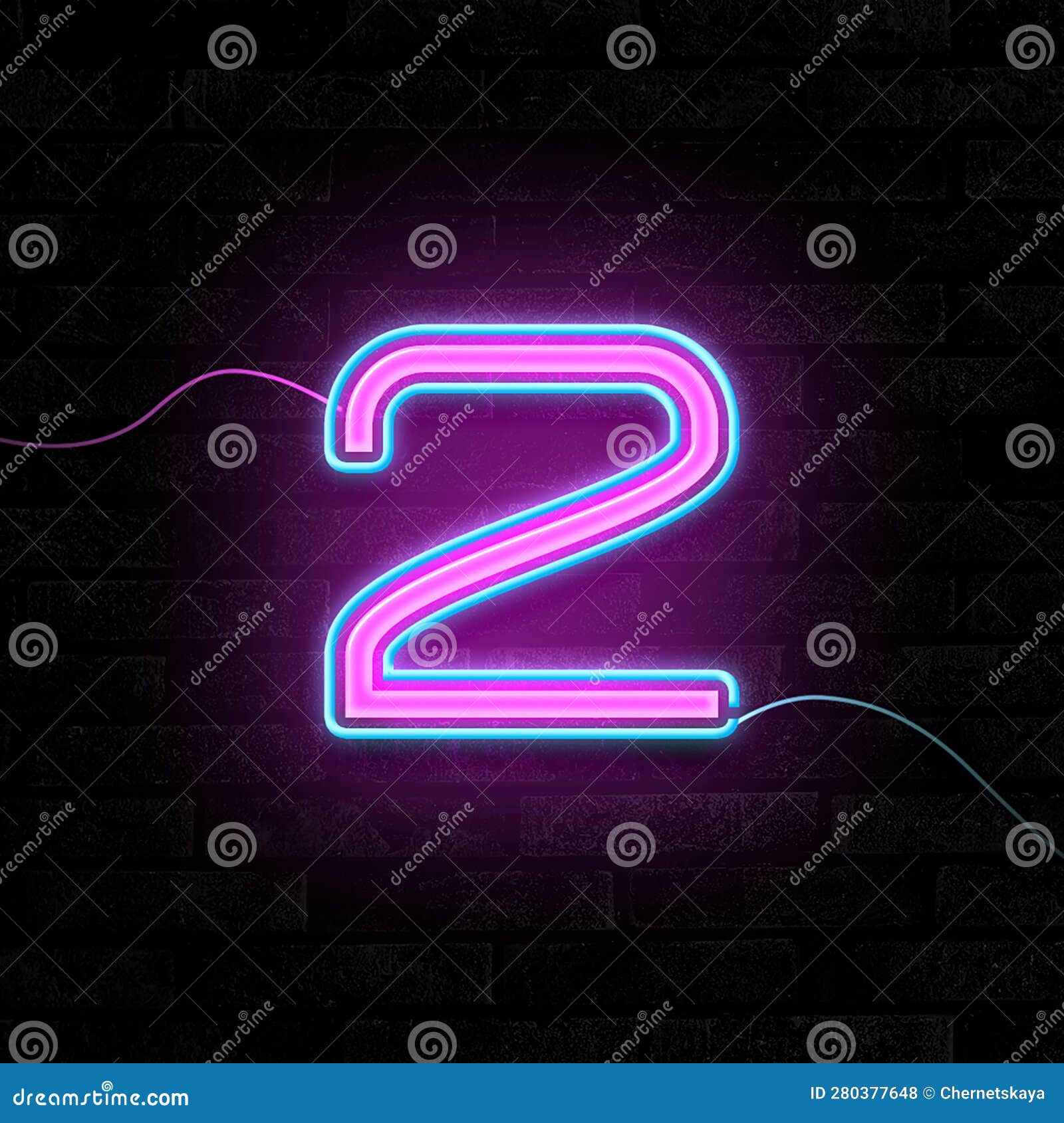 Glowing Neon Number 2 Sign on Brick Wall Stock Illustration ...