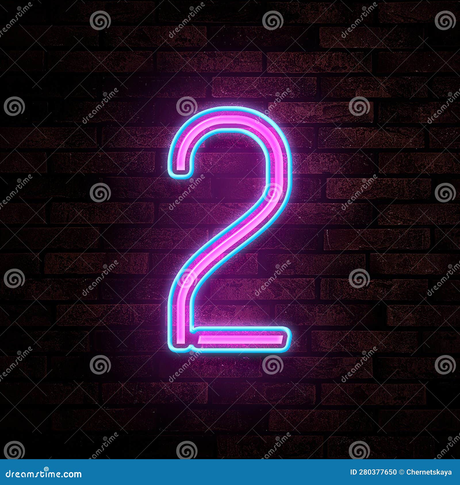 Glowing Neon Number 2 Sign on Brick Wall Stock Illustration ...