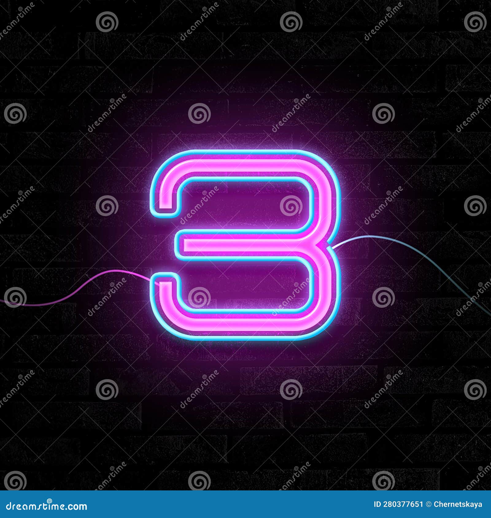 Glowing Neon Number 3 Sign on Brick Wall Stock Illustration ...