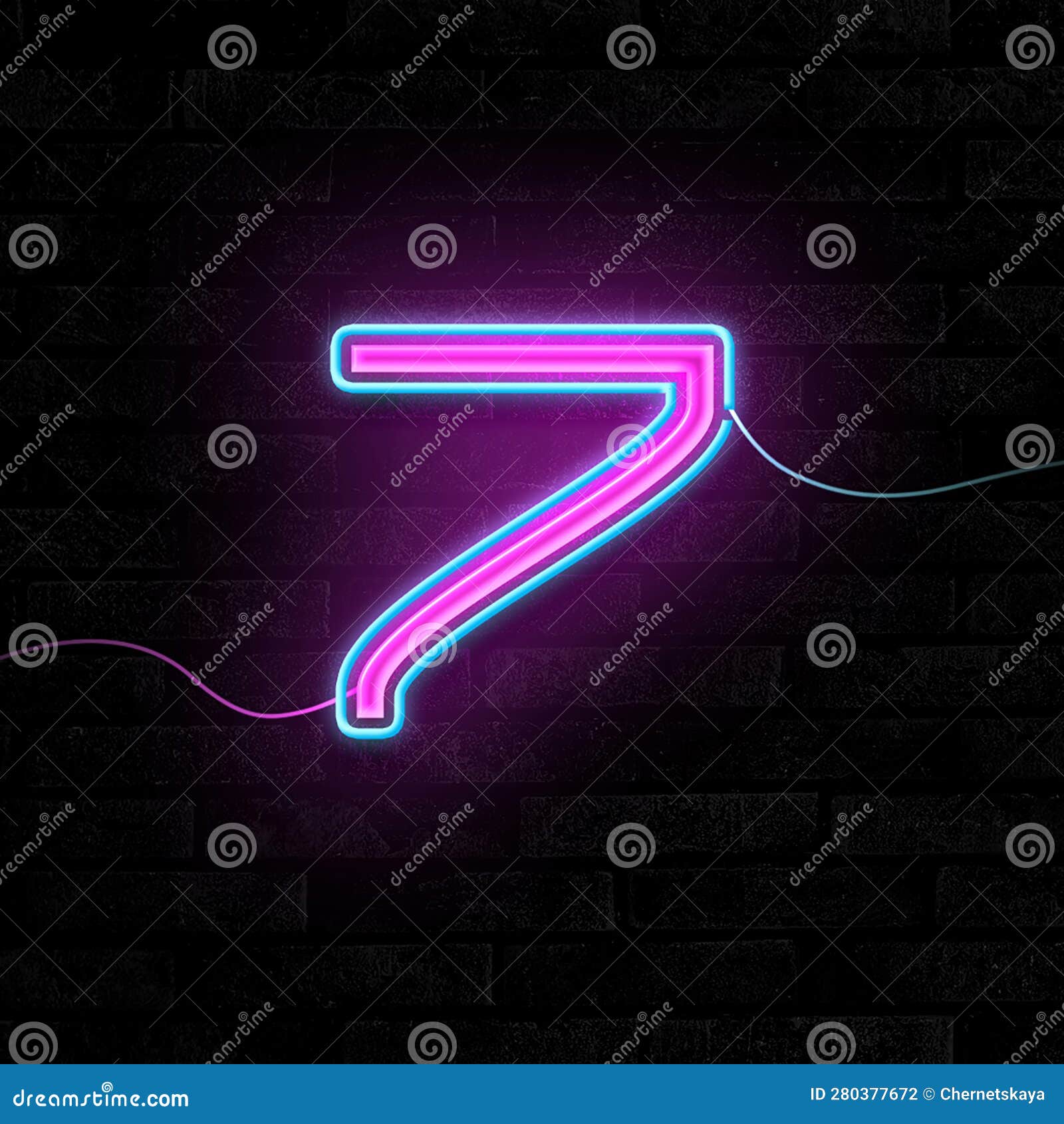 Glowing Neon Number 7 Sign on Brick Wall Stock Illustration ...