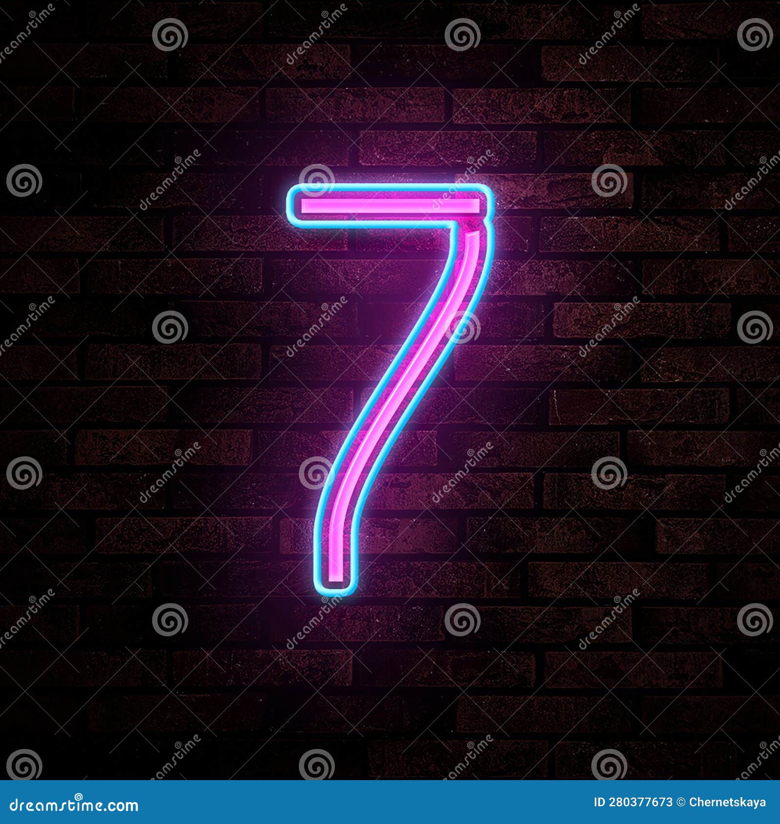 Glowing Neon Number 7 Sign on Brick Wall Stock Illustration ...