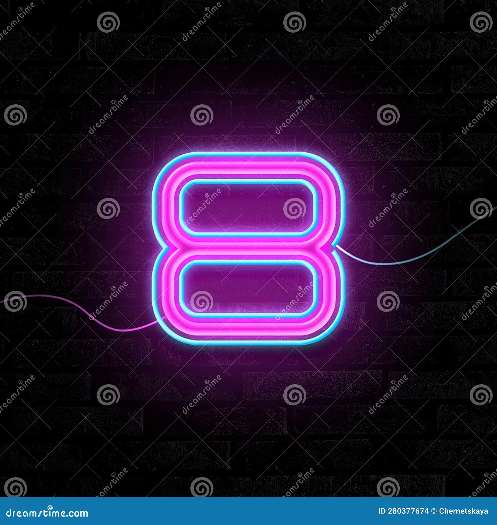 Glowing Neon Number 8 Sign on Brick Wall Stock Illustration ...