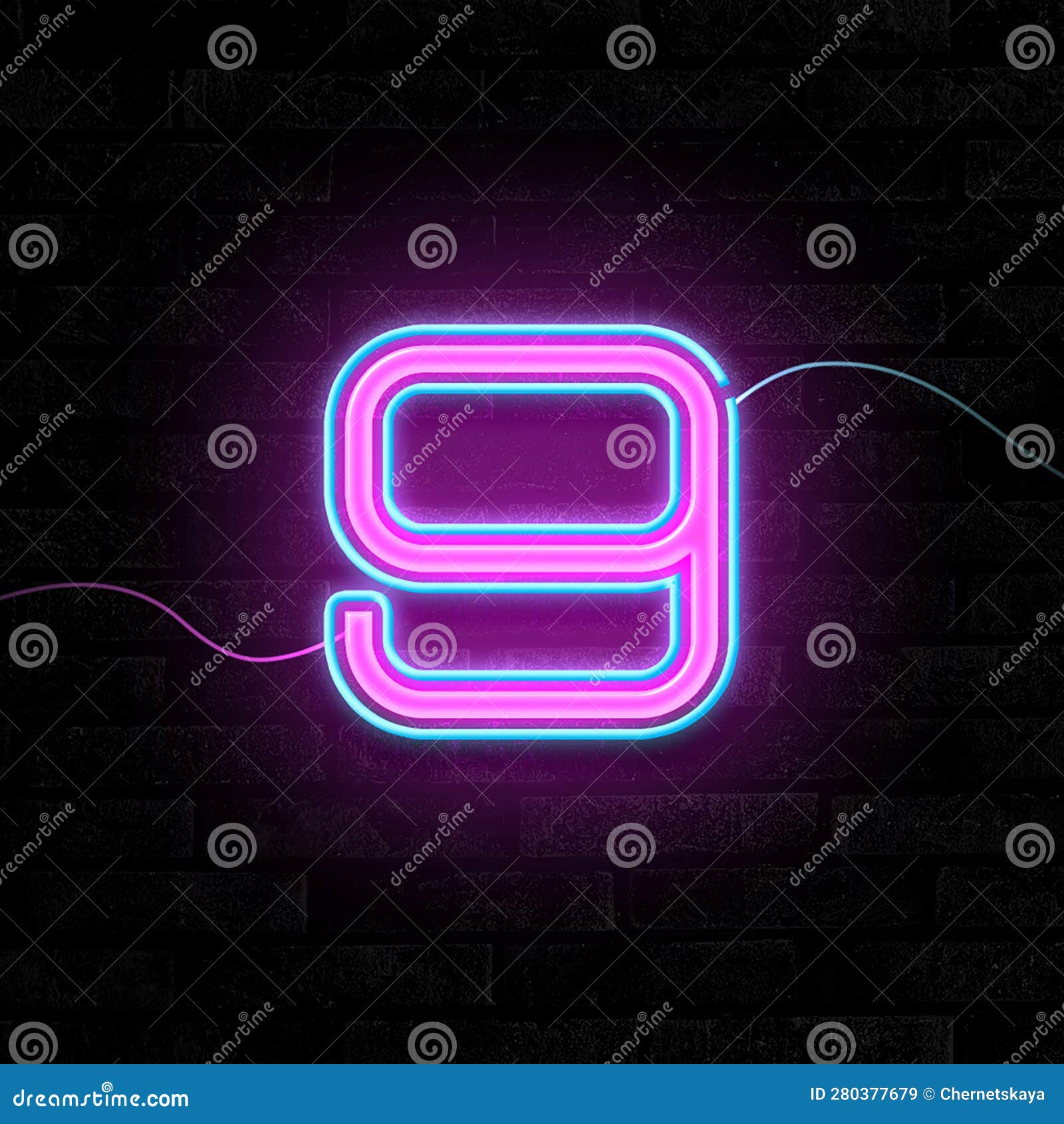Glowing Neon Number 9 Sign on Brick Wall Stock Illustration ...